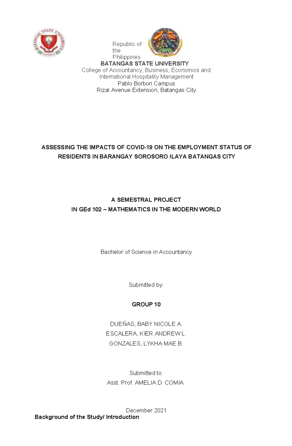 BSA 1107 MMW- Project- Proposal Group-10 - Republic of the Philippines ...