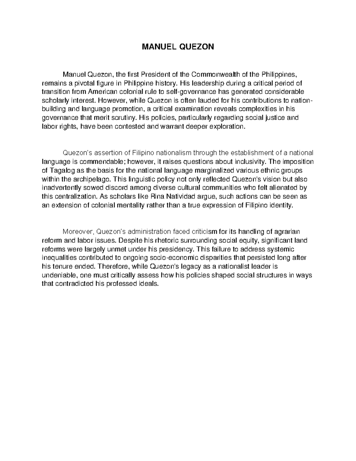 Manuel Quezon - MANUEL QUEZON Manuel Quezon, the first President of the ...