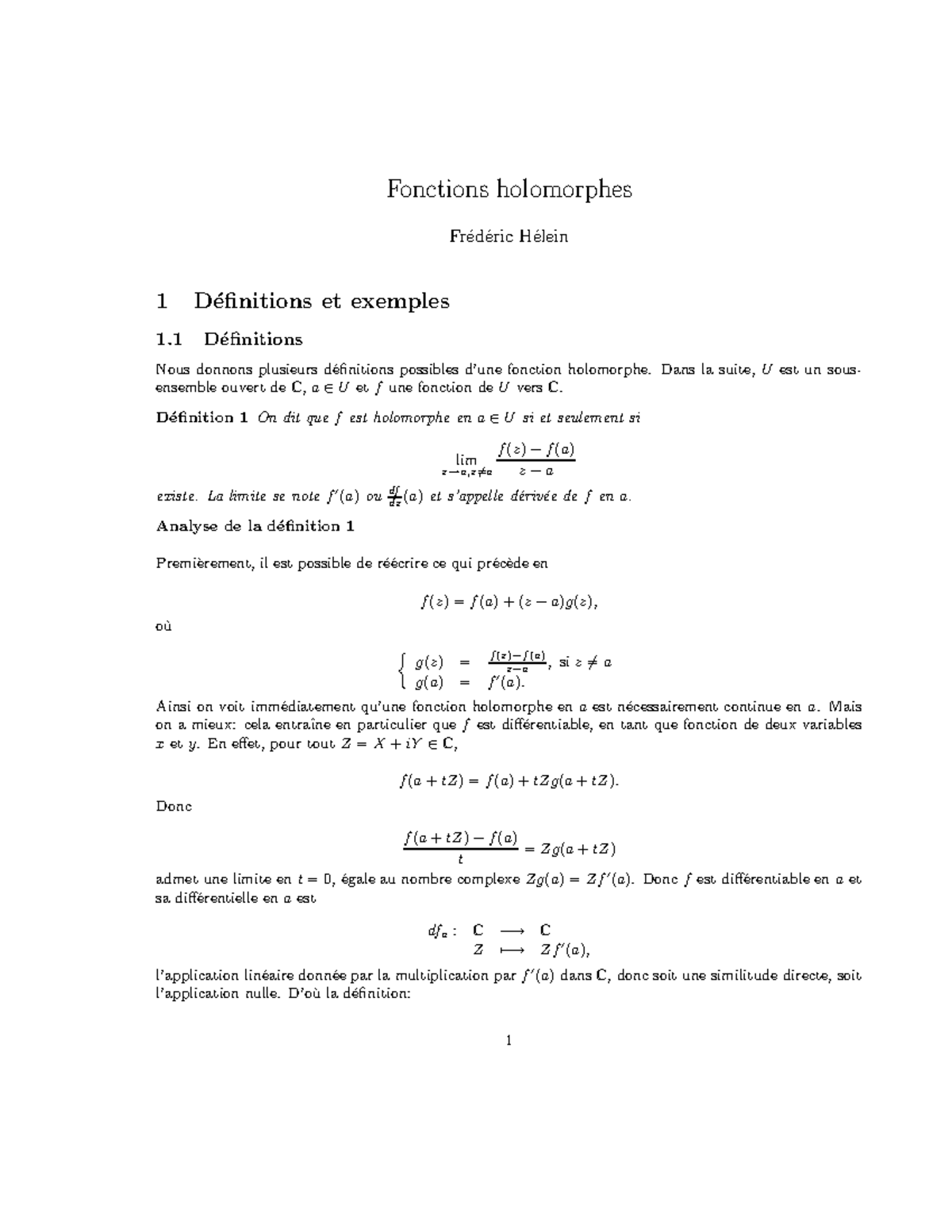 Holo - MATH - Fonctions holomorphes Fr ́ed ́eric H ́elein 1 D ...