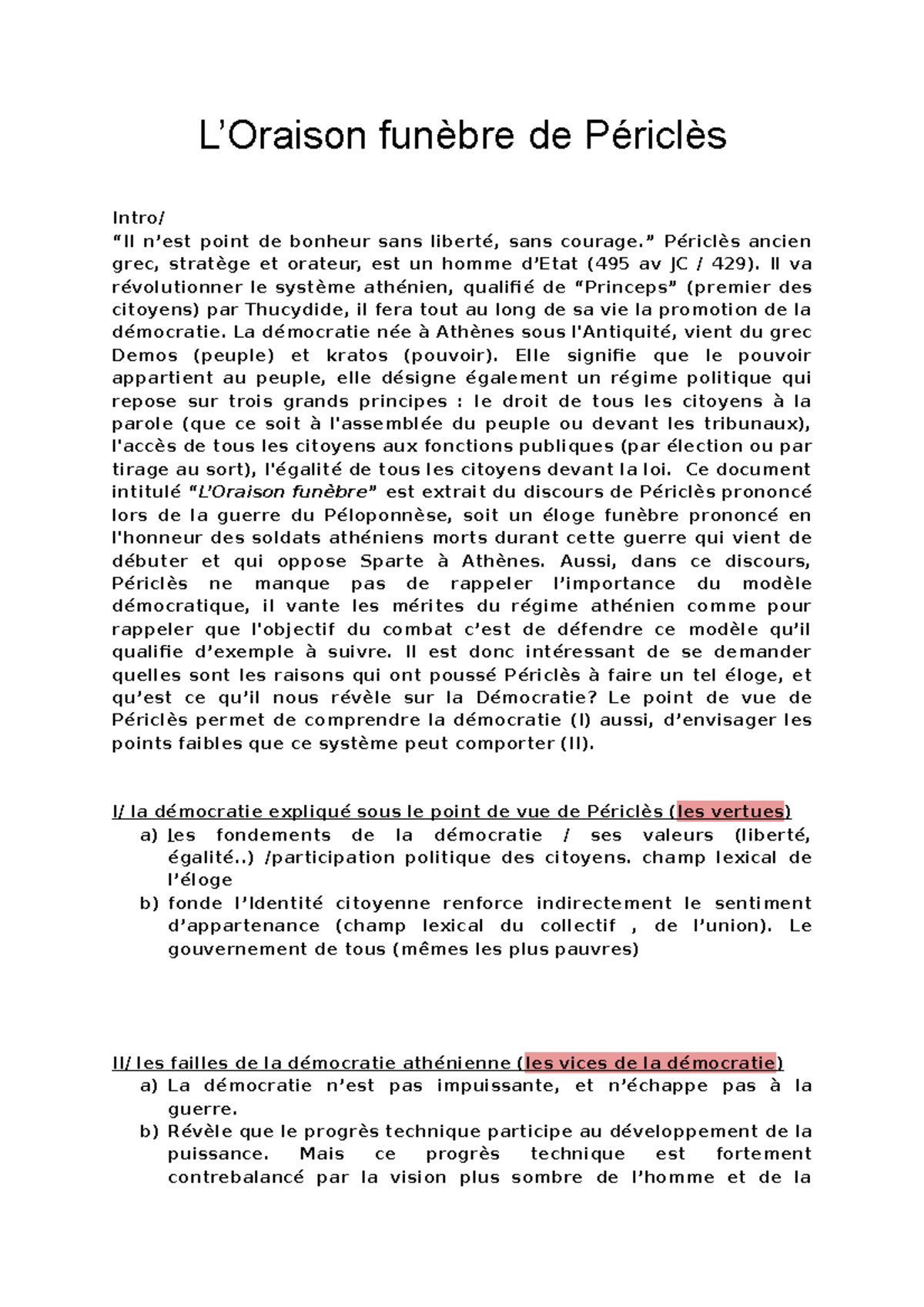 Commentaire Oraison Funébres de Périclés - L’Oraison funèbre de ...