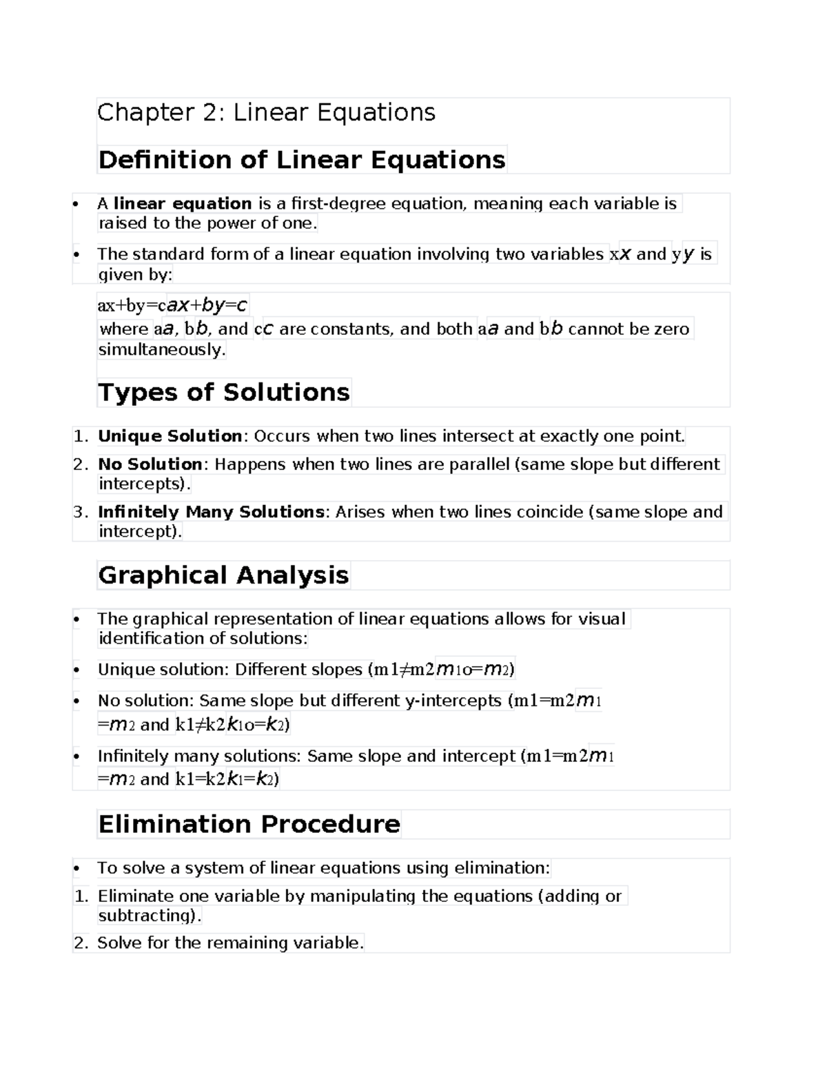 Chapter 2 Maths Notes Hafsa - Chapter 2: Linear Equations Definition of ...