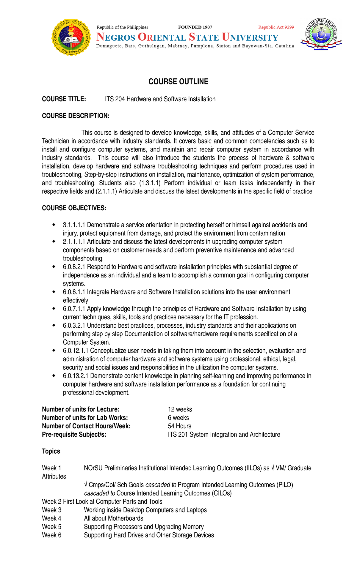 HCI Ouline Topics - COURSE OUTLINE COURSE TITLE: ITS 204 Hardware and ...