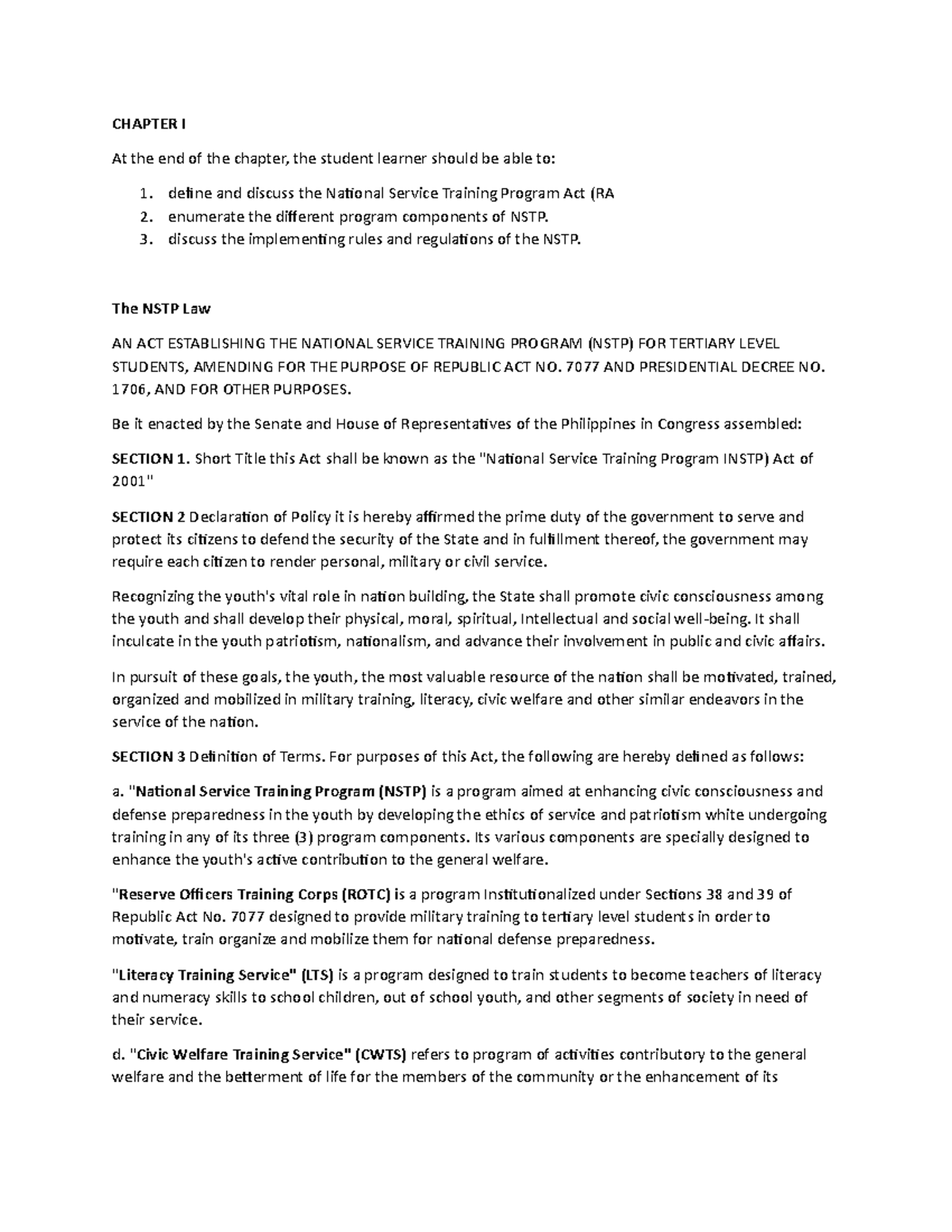 NSTP 1-3 - For NSTP - CHAPTER I At the end of the chapter, the student ...