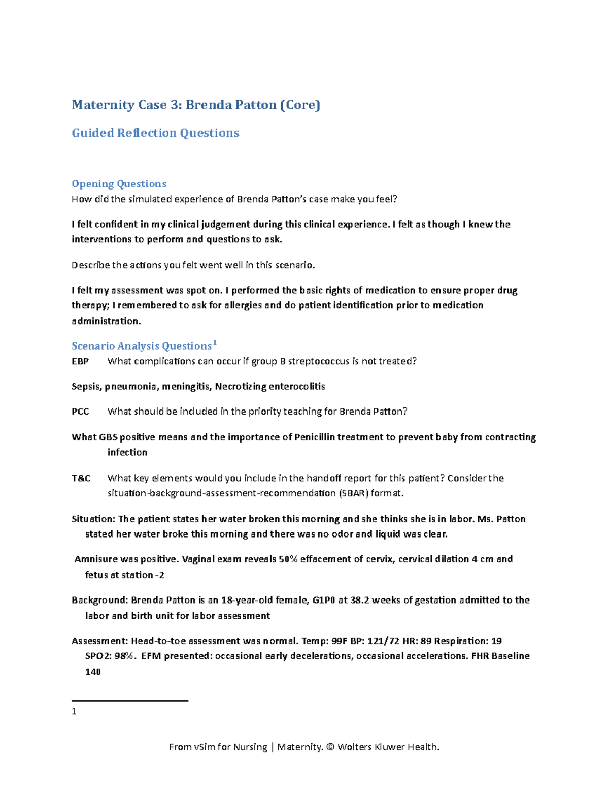 Maternity Case 3 Brenda Patton Reflection - Maternity Case 3: Brenda ...