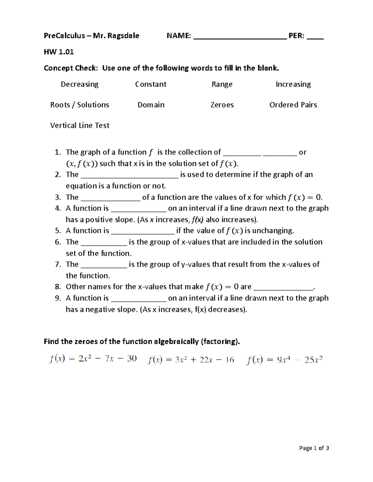 PC HW 1 - Lmao - Page 1 of 3 PreCalculus – Mr. Ragsdale NAME ...