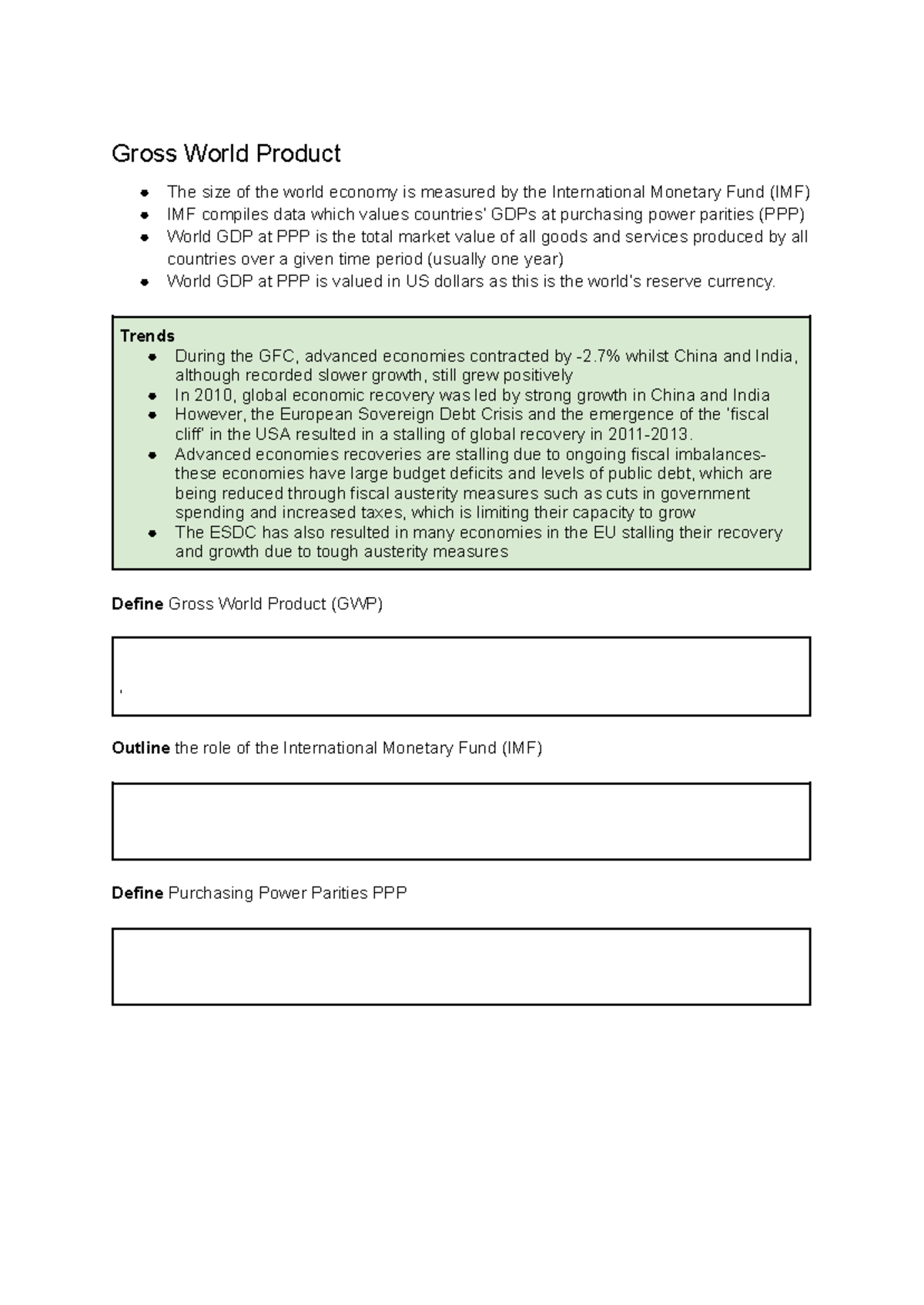 GWP and Factors of globalisation - Gross World Product The size of the ...