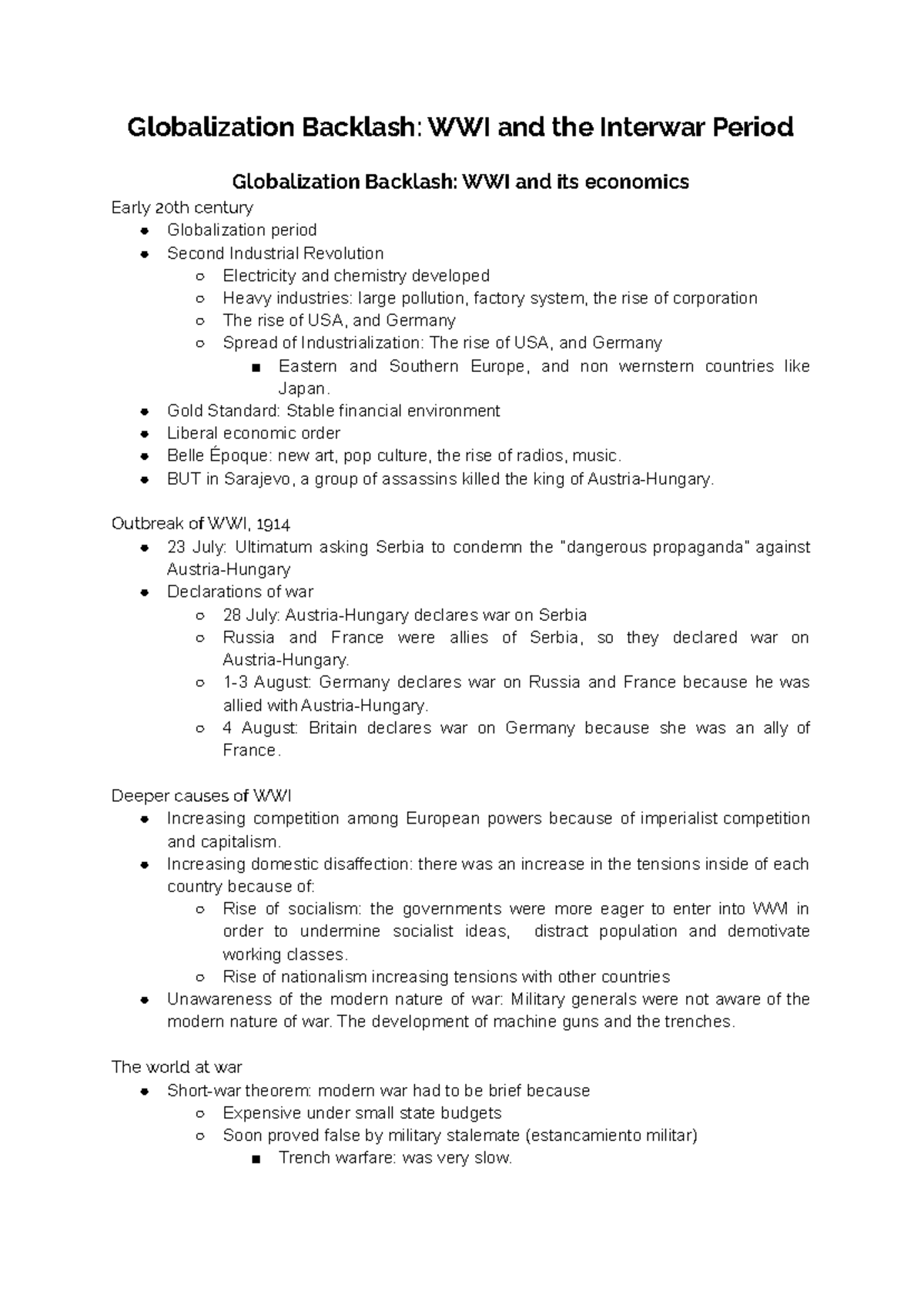 Lecture 5 - Globalization Backlash: WWI and the Interwar Period ...