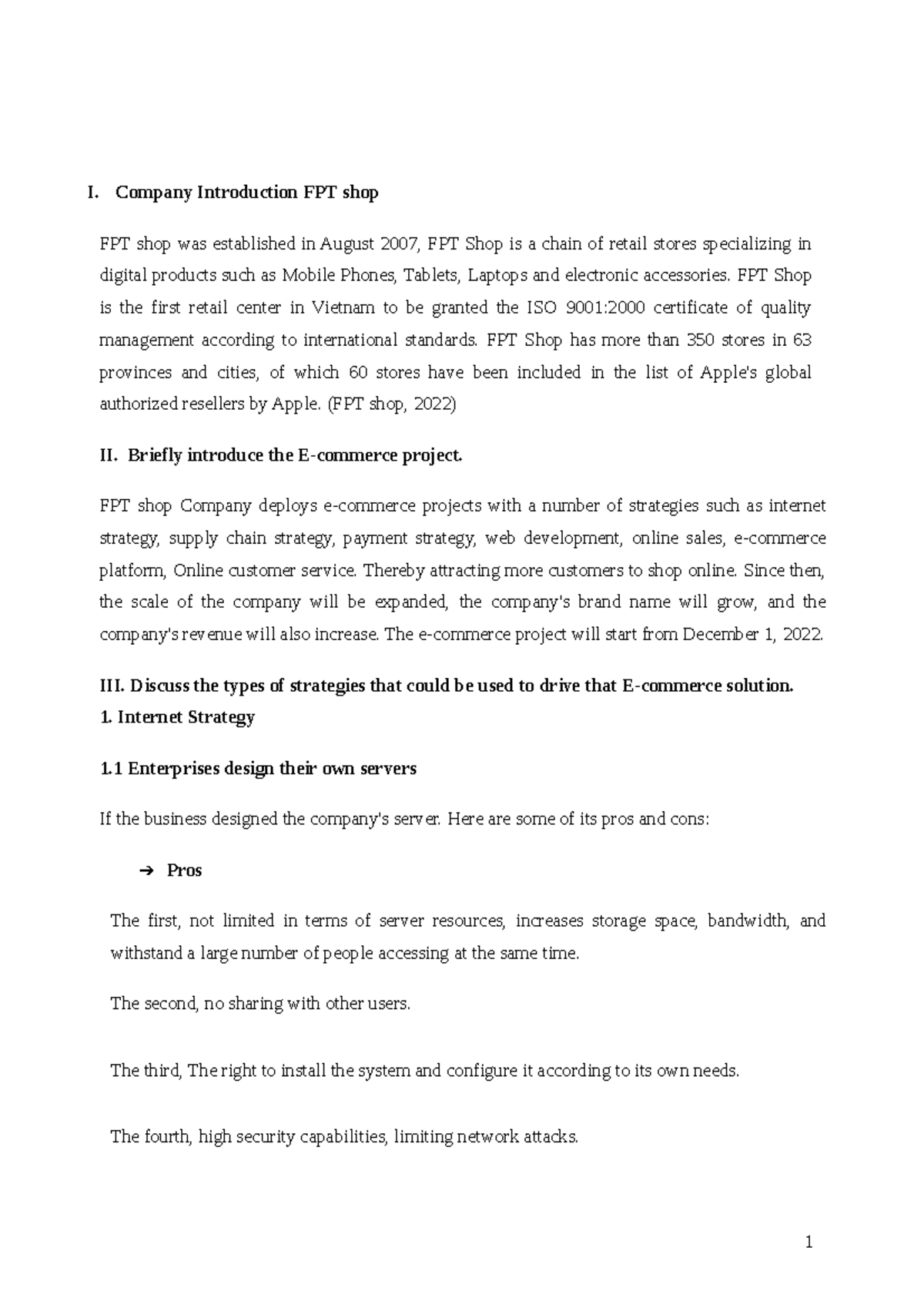 Ecommerce - information - I. Company Introduction FPT shop FPT shop was ...