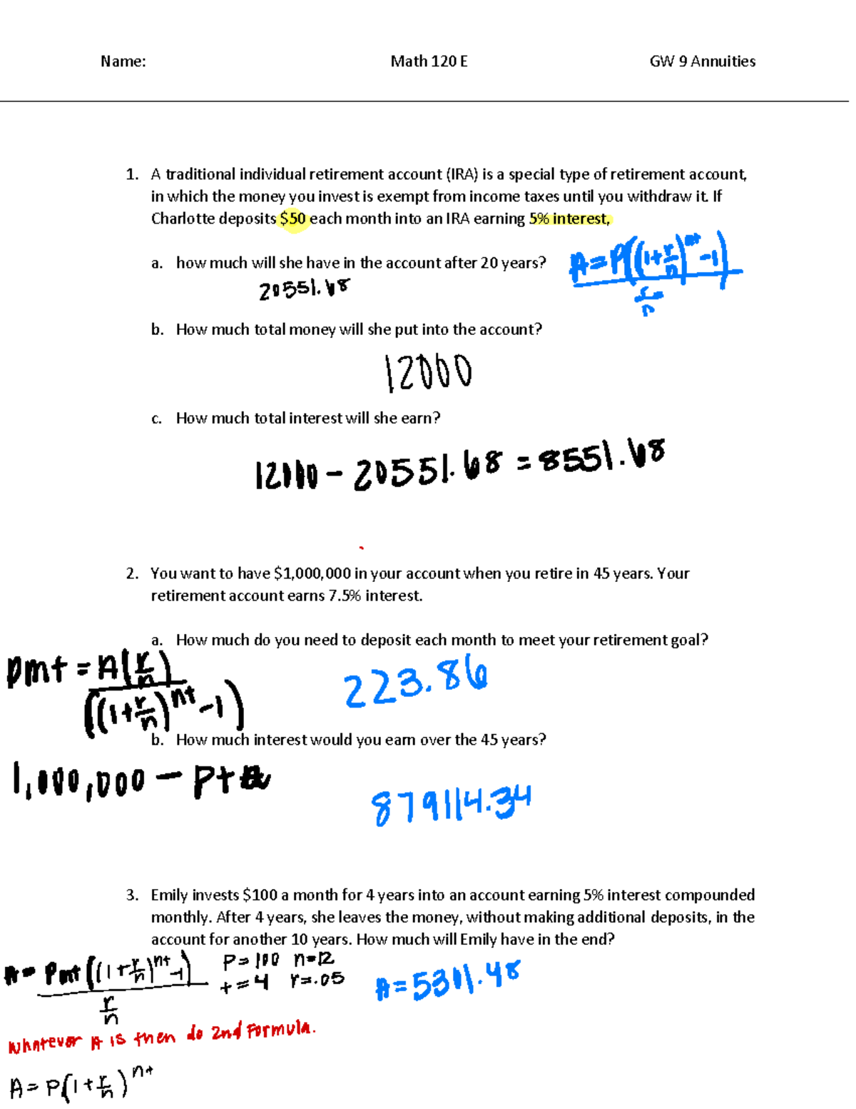 GW+9+Annuities-1-1 - assignment for math 120 - Name: Math 120 E GW 9 ...