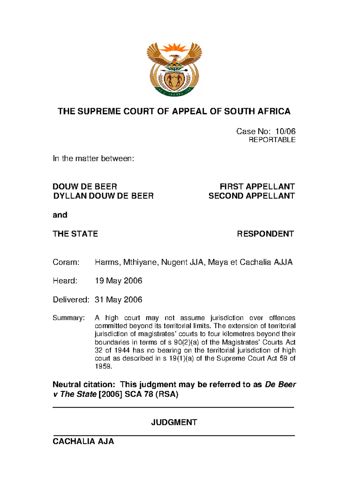 De Beer v S - CASE LAW - THE SUPREME COURT OF APPEAL OF SOUTH AFRICA ...
