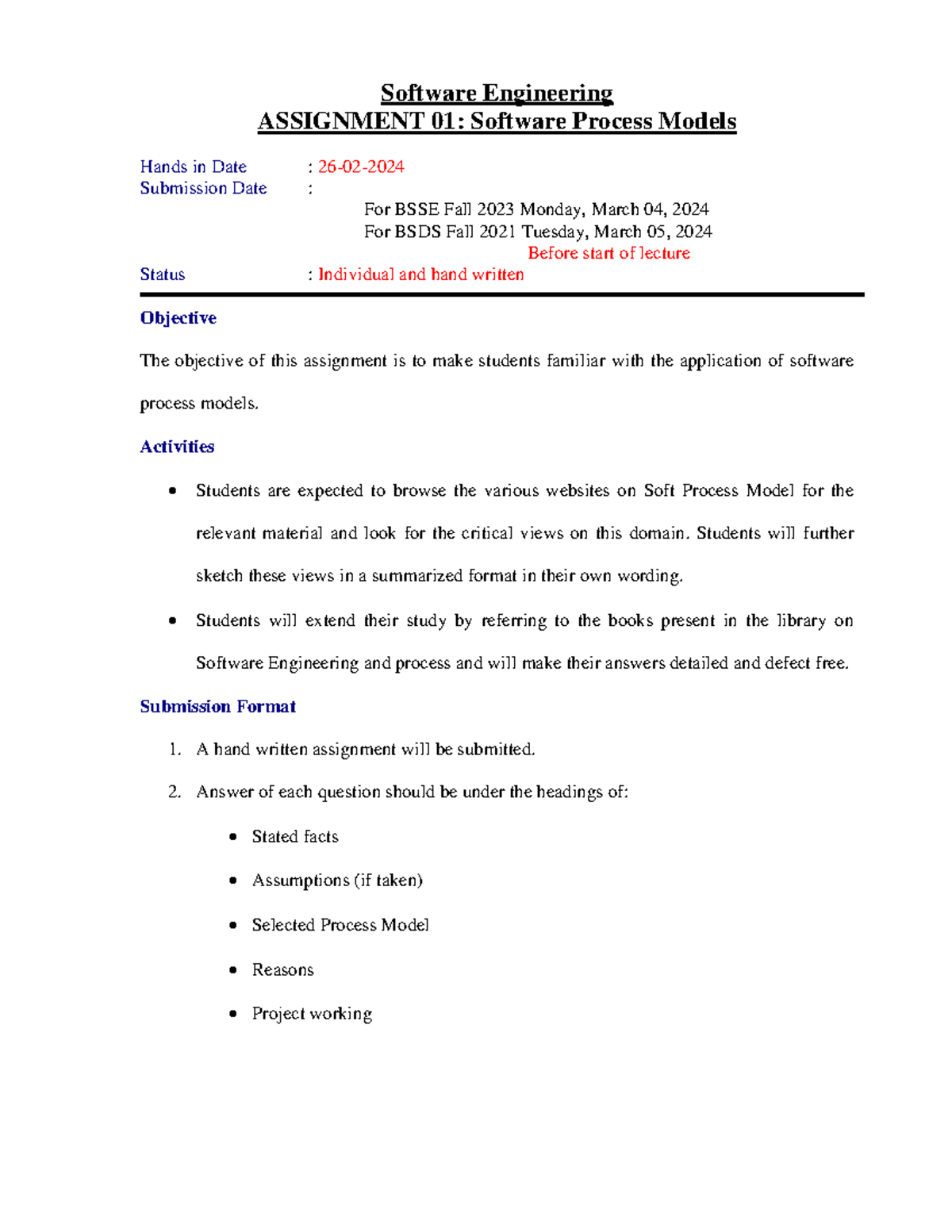 Assignment 01 Process Models - Software Engineering ASSIGNMENT 0 1 ...