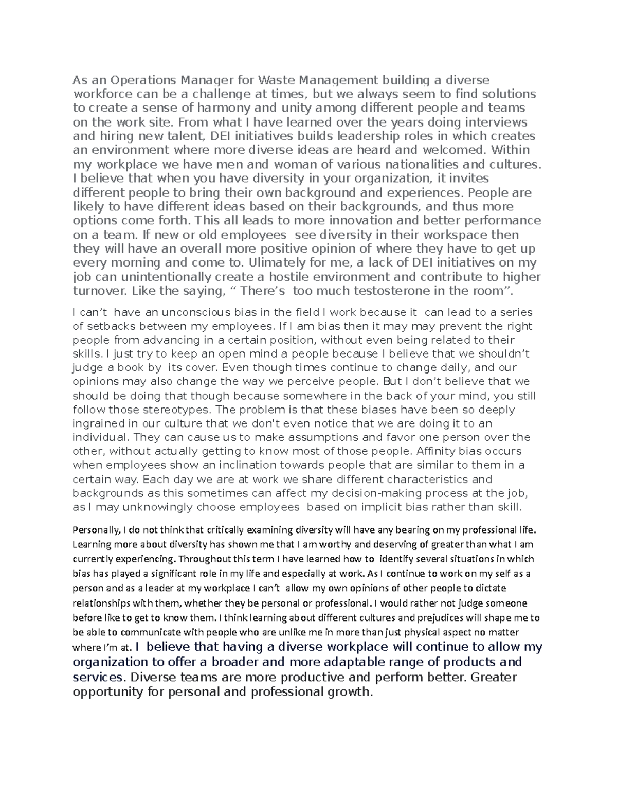 5-2 Draft SELF Reflection - As an Operations Manager for Waste ...