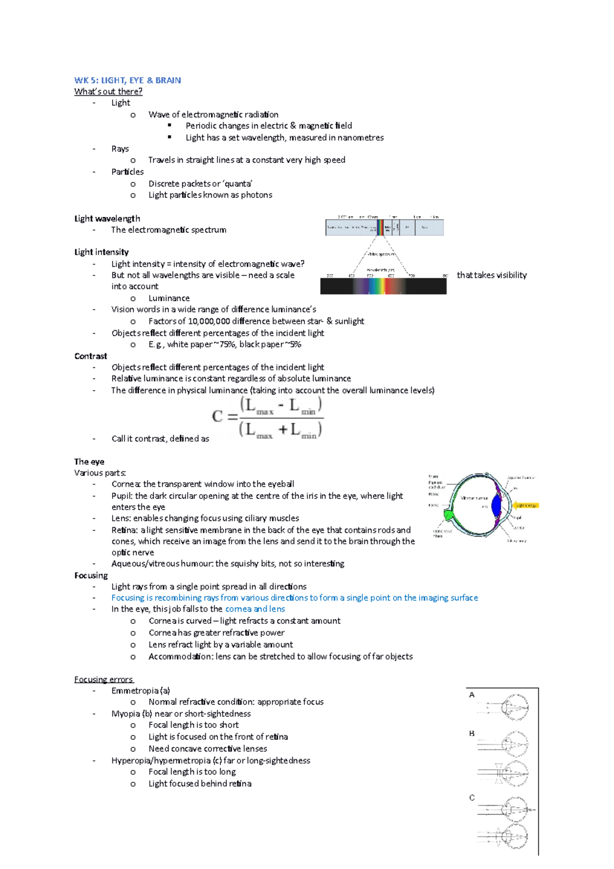 Perc WK 5-7 - perception lecture note week 5-7 - WK 5: LIGHT, EYE ...