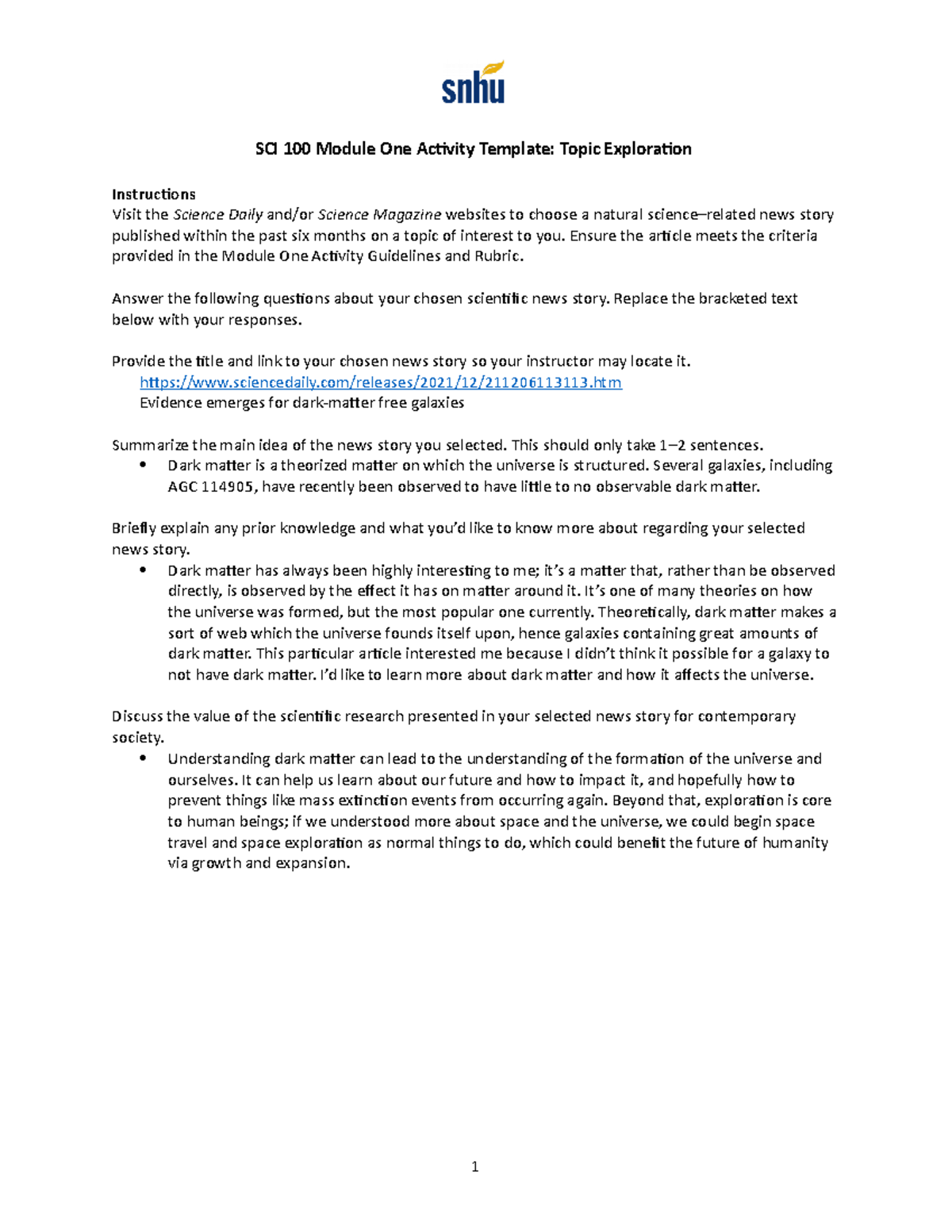 SCI 100 Module One Activity Template - Ensure the article meets the ...