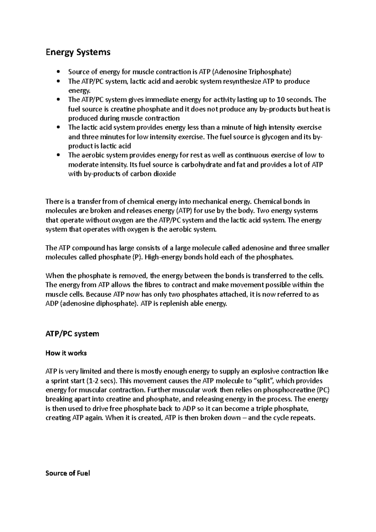 Pdhpe Notes HSC - Energy systems and ATP - Energy Systems Source of ...