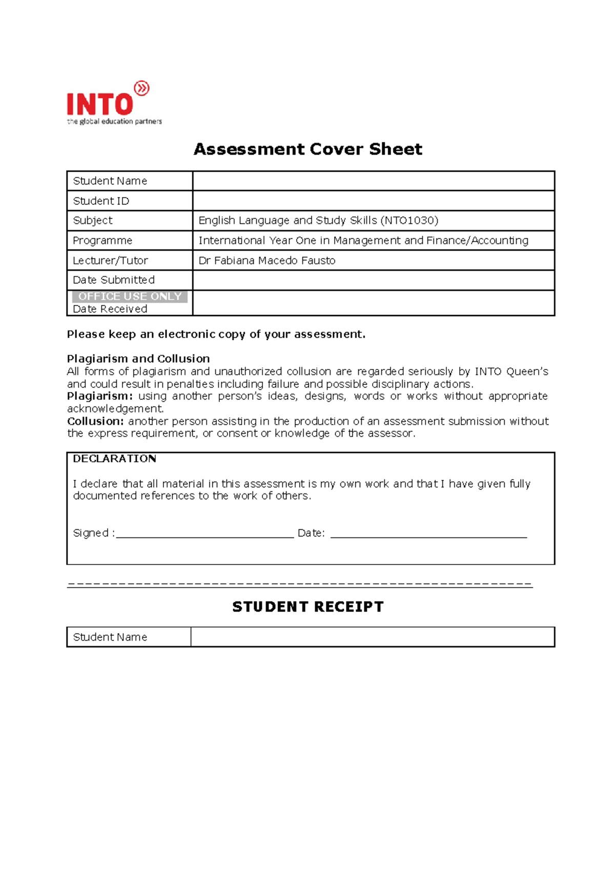 english language and study skill - Assessment Cover Sheet Student Name ...