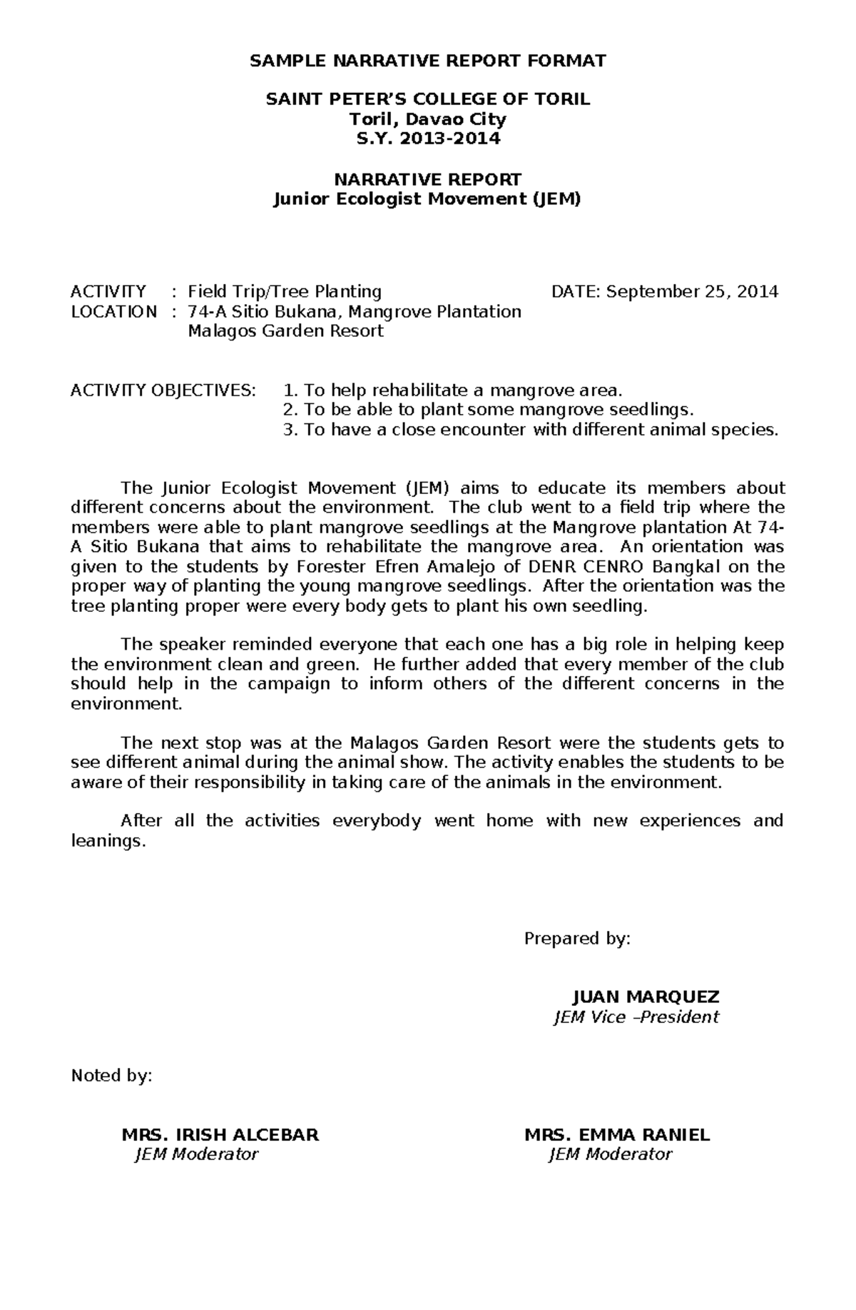 Leadership. Handouts - SAMPLE NARRATIVE REPORT FORMAT SAINT PETER’S ...