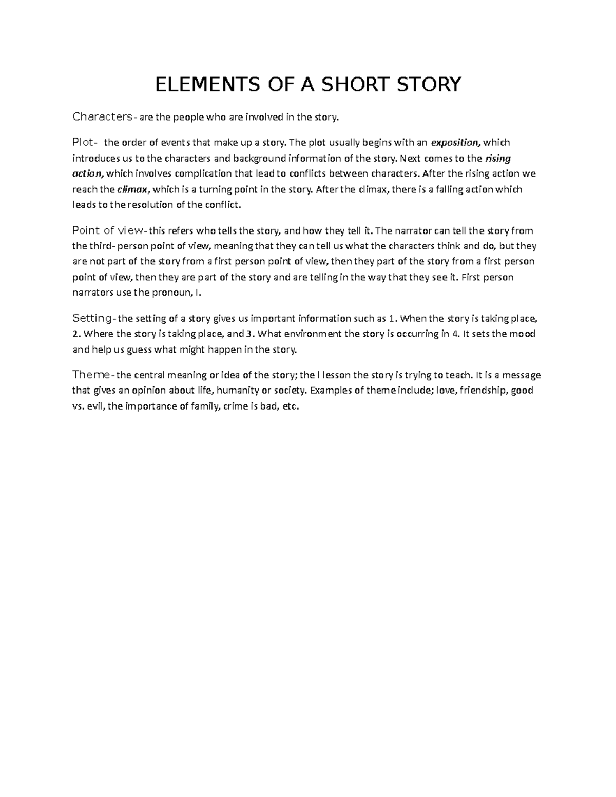 Elements OF A Short Story - ELEMENTS OF A SHORT STORY Characters- are ...