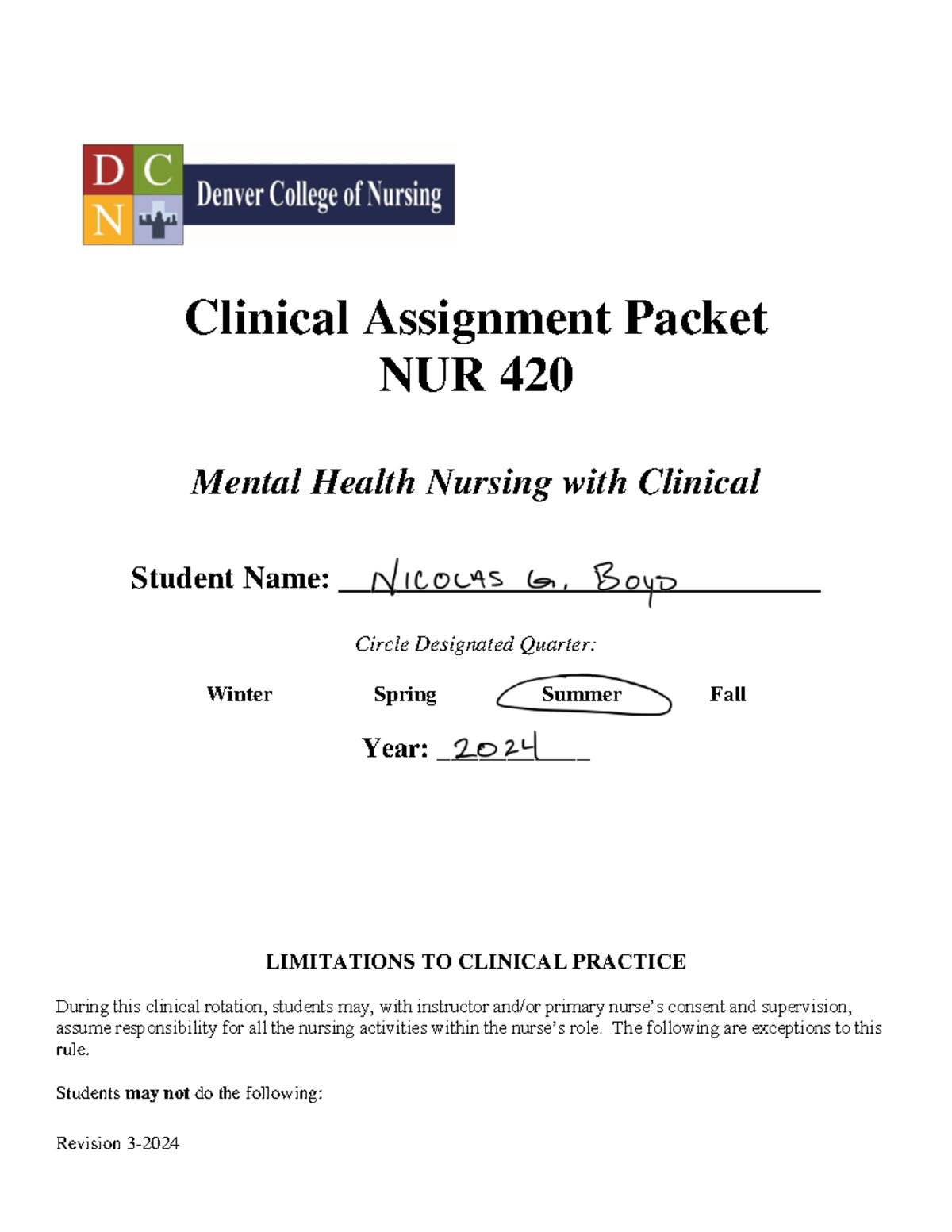 MHAssignment Packet Graded - Clinical Assignment Packet NUR 420 Mental ...