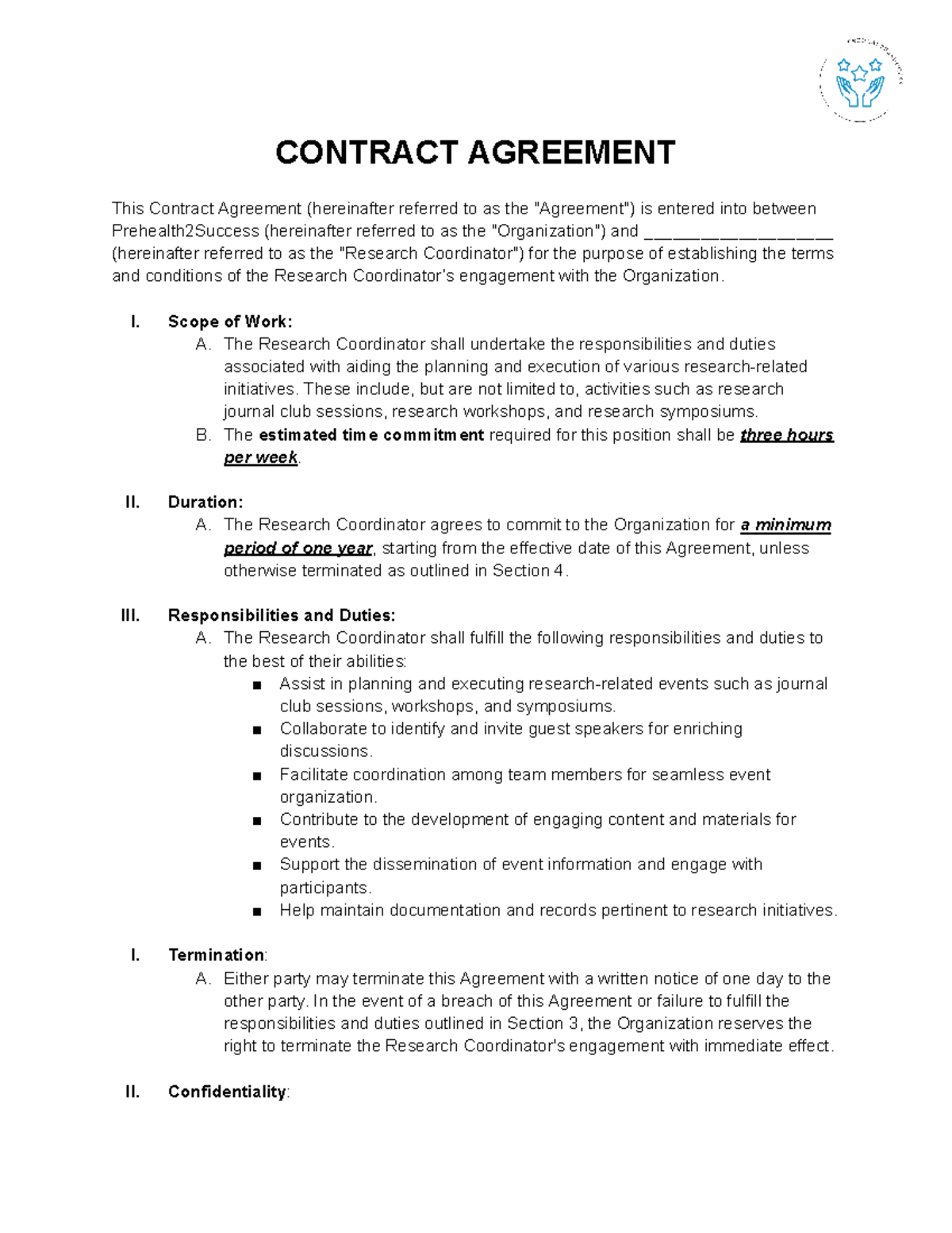 Research Coordinator Contract - CONTRACT AGREEMENT This Contract ...