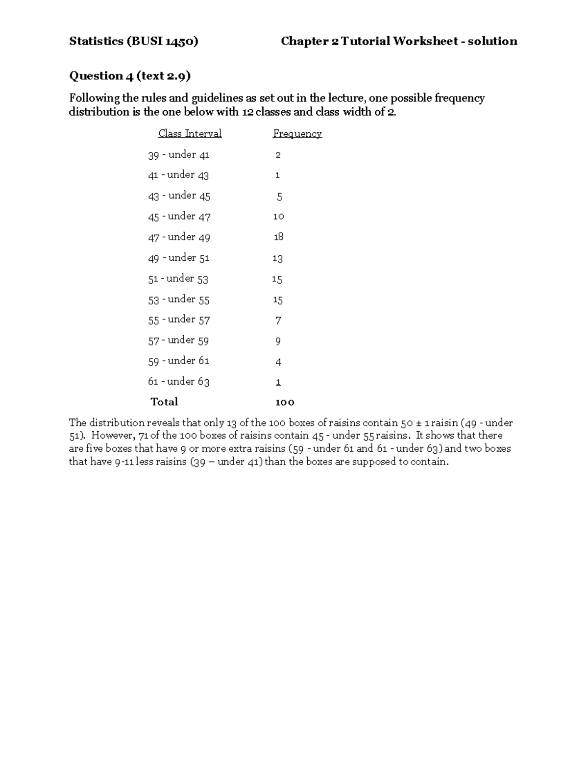 Chapter 2 Solution - Part 2 - Statistics (BUSI 1450) Chapter 2 Tutorial ...