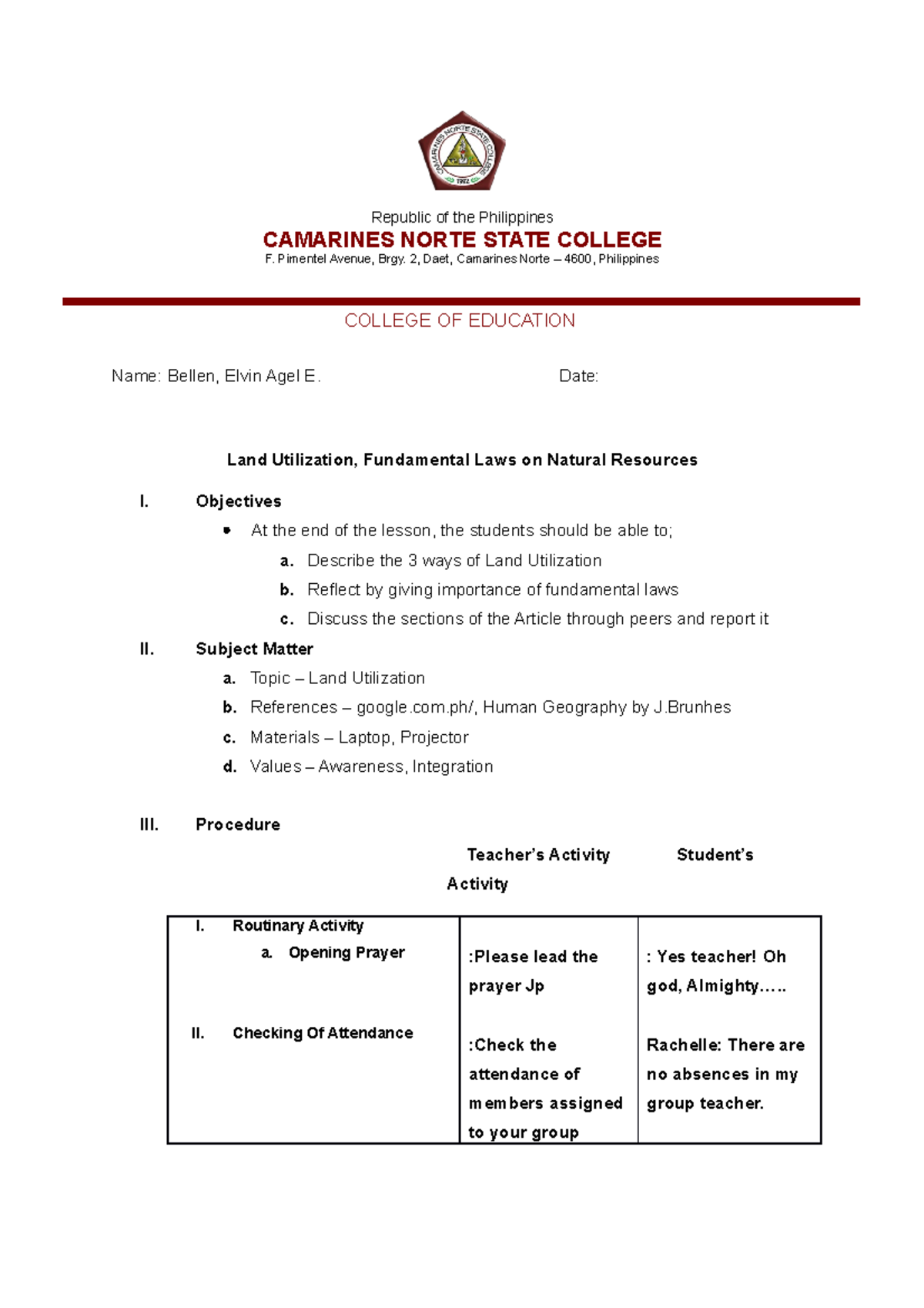 LP-format - Lesson Plan - Republic of the Philippines CAMARINES NORTE ...
