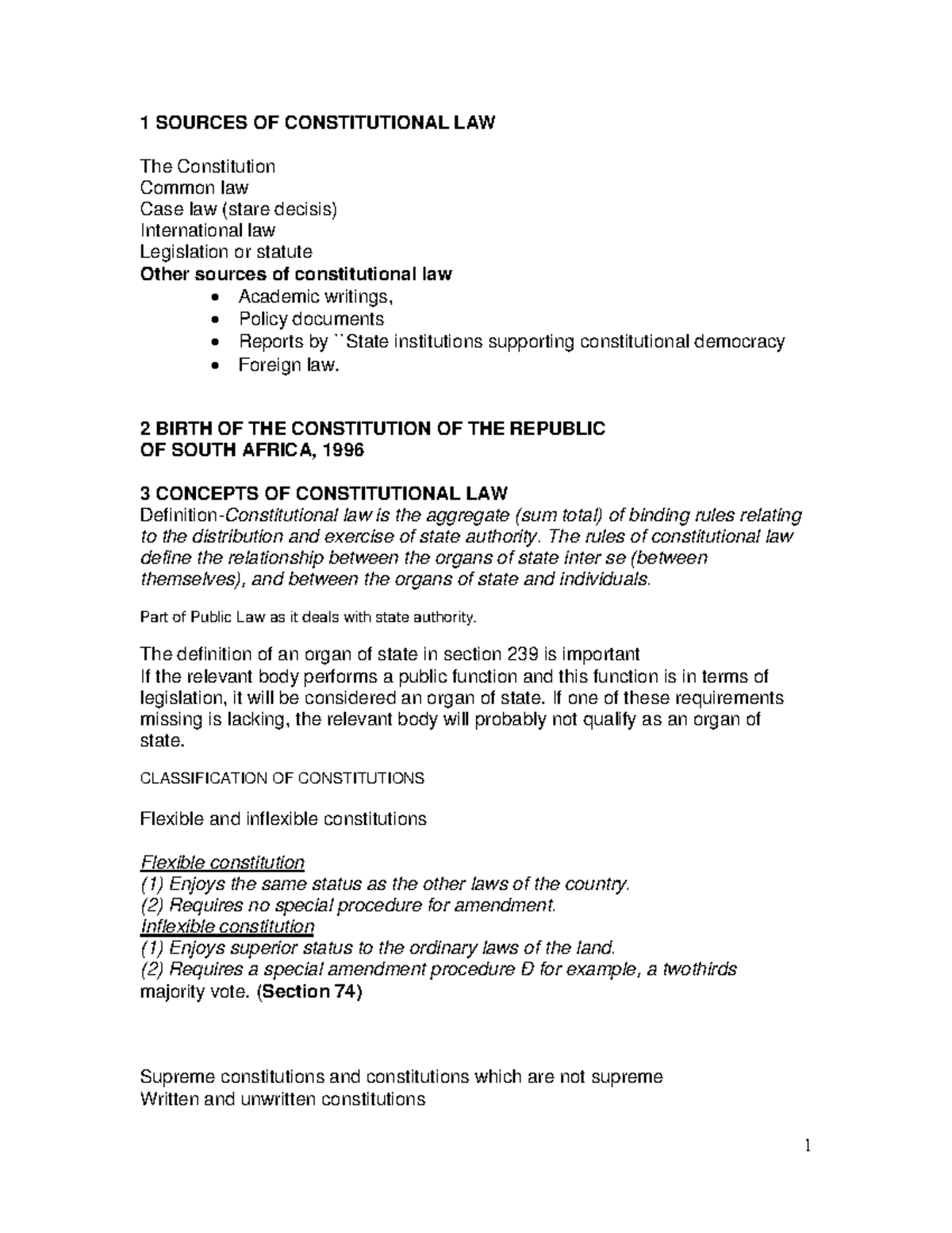Constitutional law summary - 1 SOURCES OF CONSTITUTIONAL LAW The ...