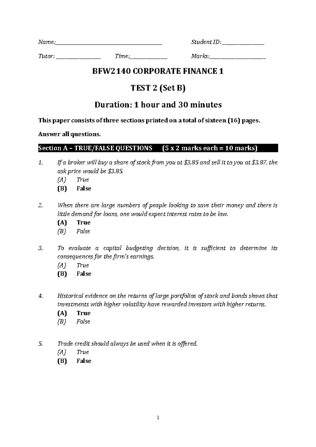 Corporate finance test2 - Name ...