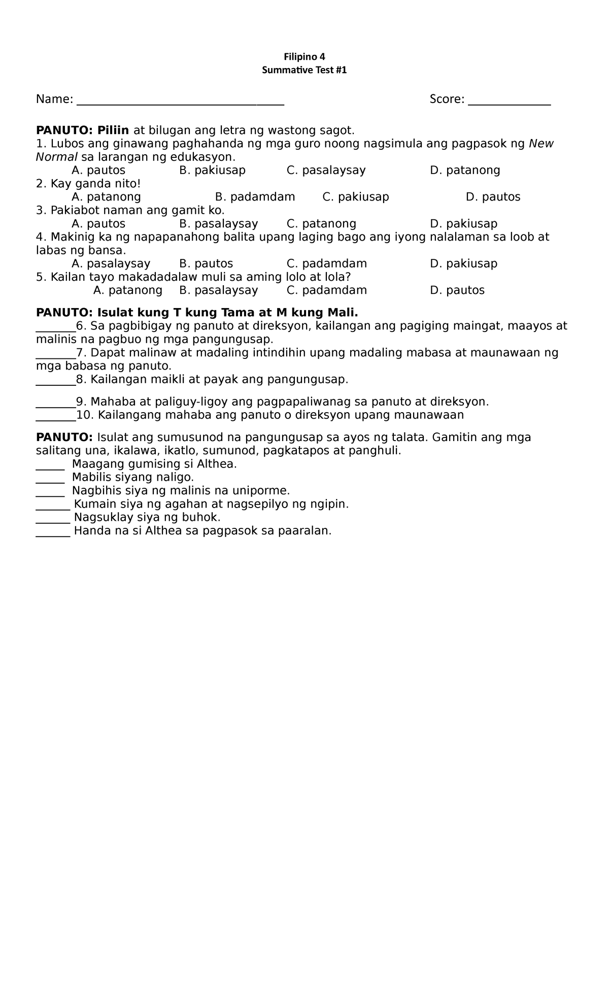 Filipino 4 Summative Test 1 4th Quarter - Filipino 4 Summative Test ...