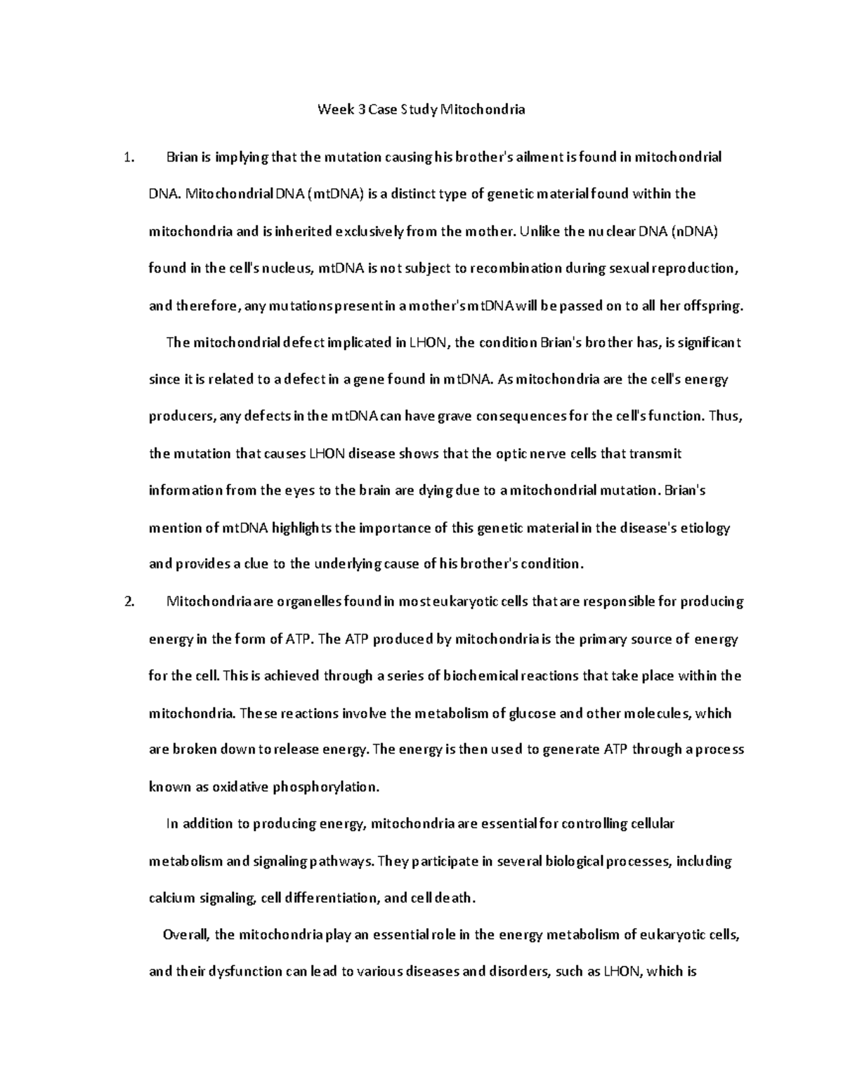 Week 3 Case Study Mitochondria - Week 3 Case Study Mitochondria Brian ...