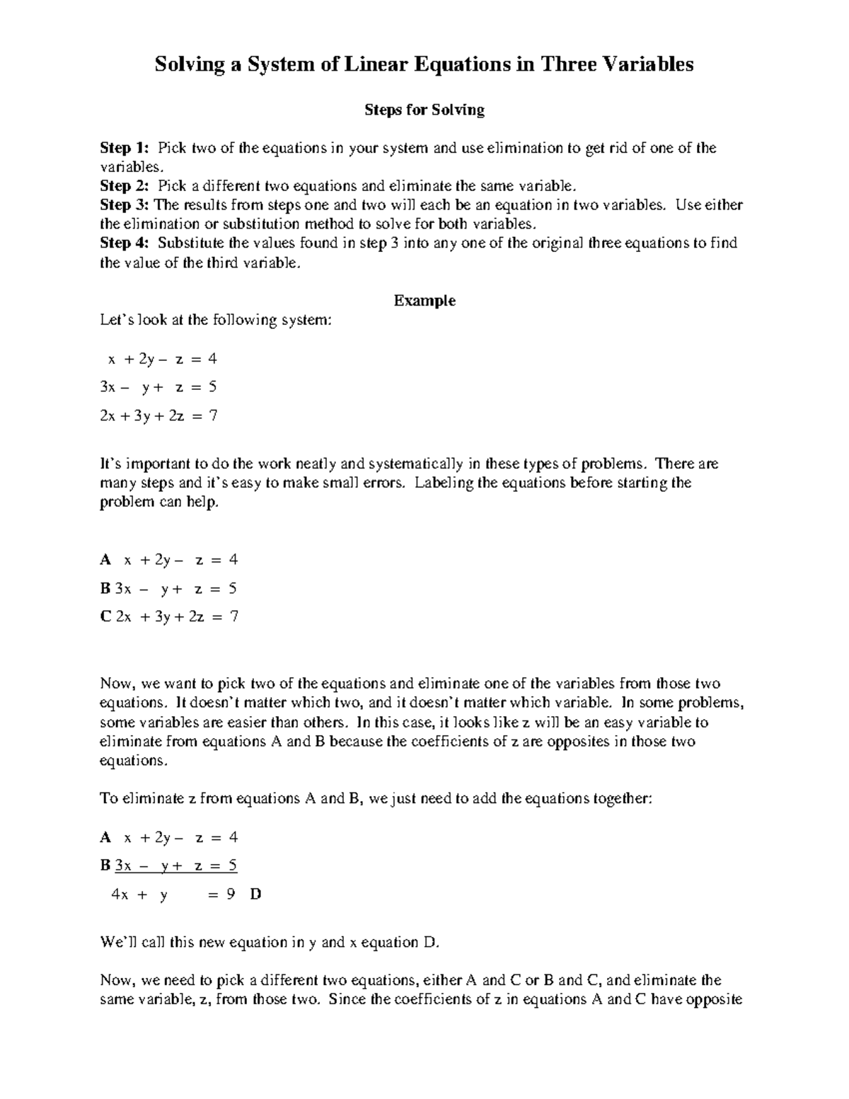Solving a System of Linear Equations in Three Variables - Step 2: Pick ...
