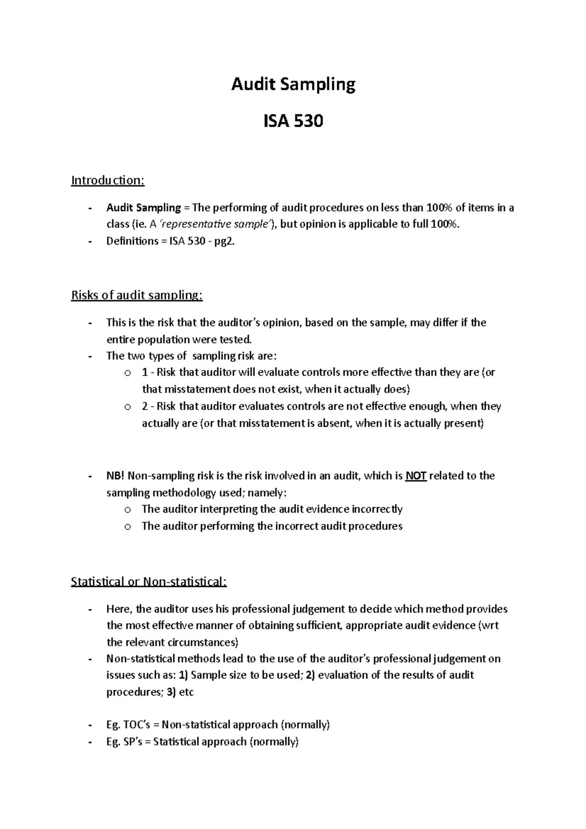 Audit sampling audting - Audit Sampling ISA 530 Introduction: - Audit ...