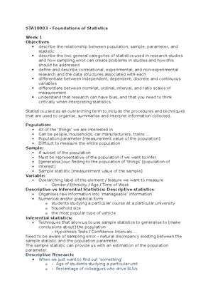 STA10003 Cheat Sheet-1 - Sampling error corresponding population parameter is the natural - Studocu