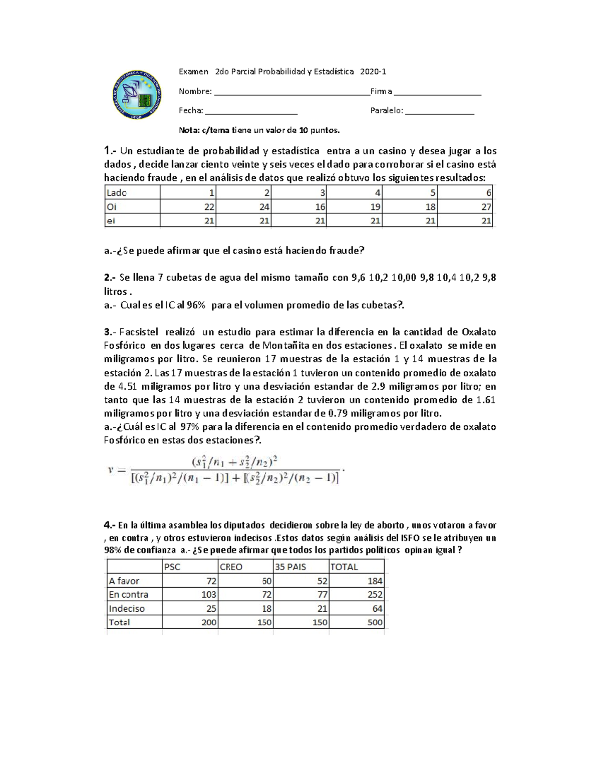 examen 2 de estadistica segundo ciclo - Warning: TT: undefined function: 32 Examen 2do Parcial ...