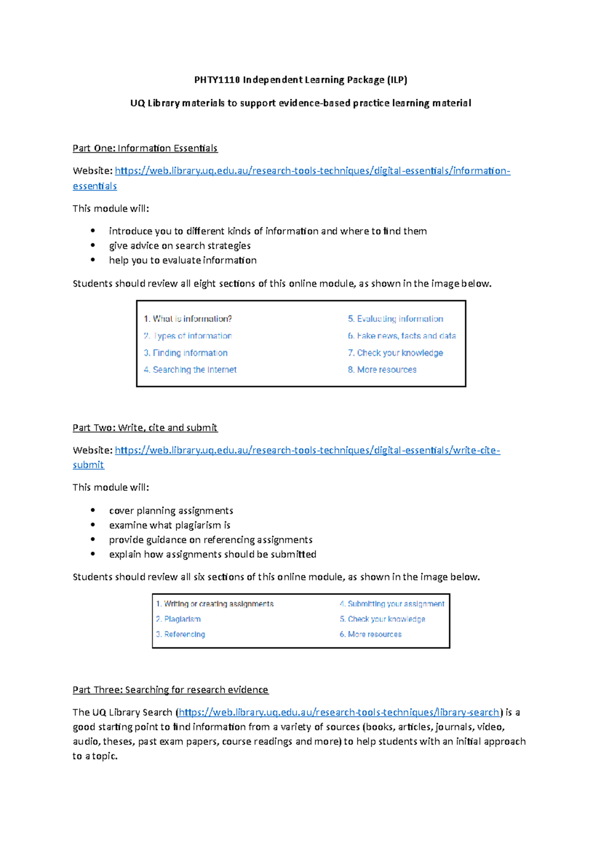 ILP PHTY1110 UQ Library materials to support evidence based practice ...