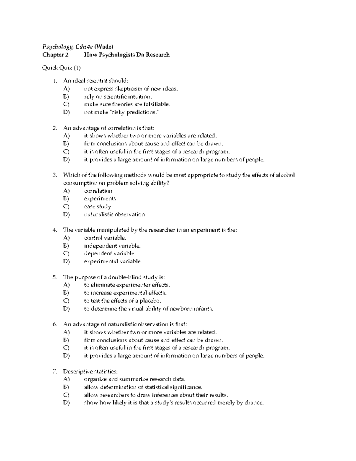 Quiz 8 December 2020, questions and answers - Psychology, Cdn 4e (Wade ...
