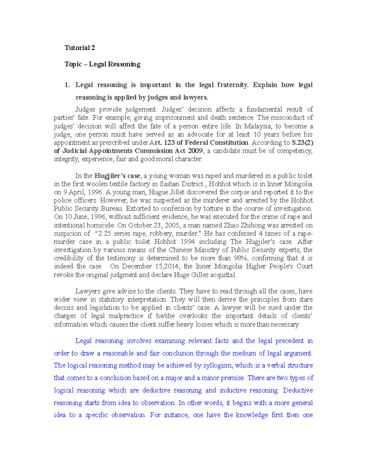 T2- Legal Reasoning - Tutorial 2 Topic – Legal Reasoning 1. Legal ...