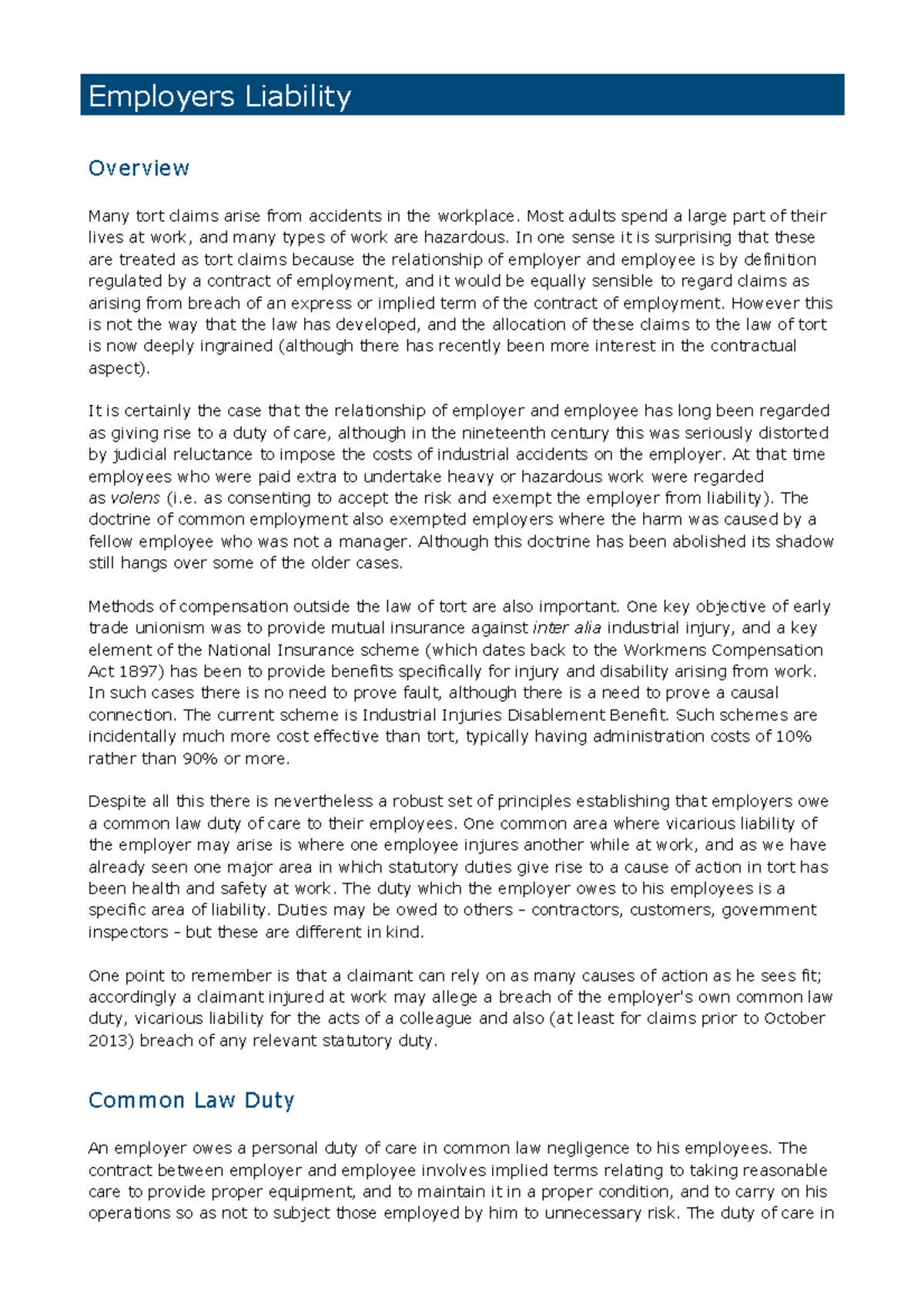 LLB Employee liability - Employers Liability Overview Many tort claims ...