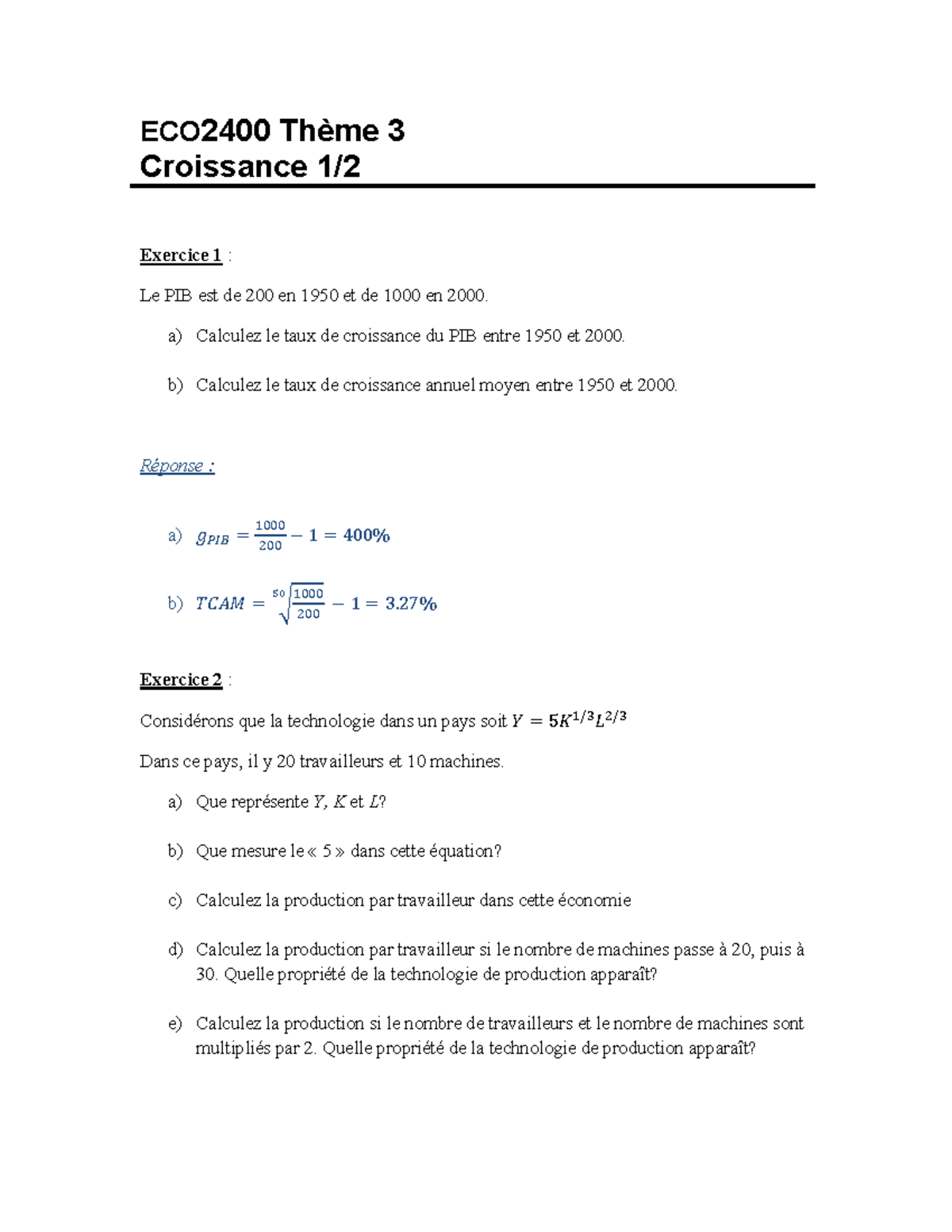 Eco2400 03 exo corr - exercices - Warning: TT: undefined function: 32 ECO2400 Thème 3 Croissance ...