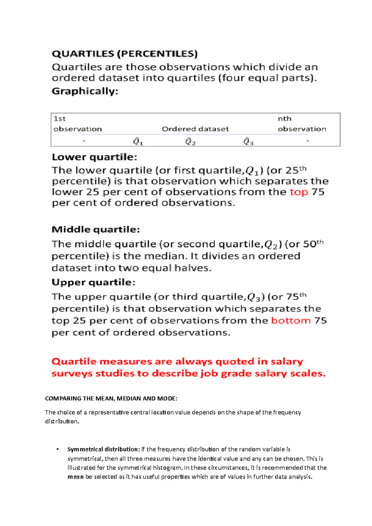 Notes 2 Comparing THE MEAN - COMPARING THE MEAN, MEDIAN AND MODE: The ...