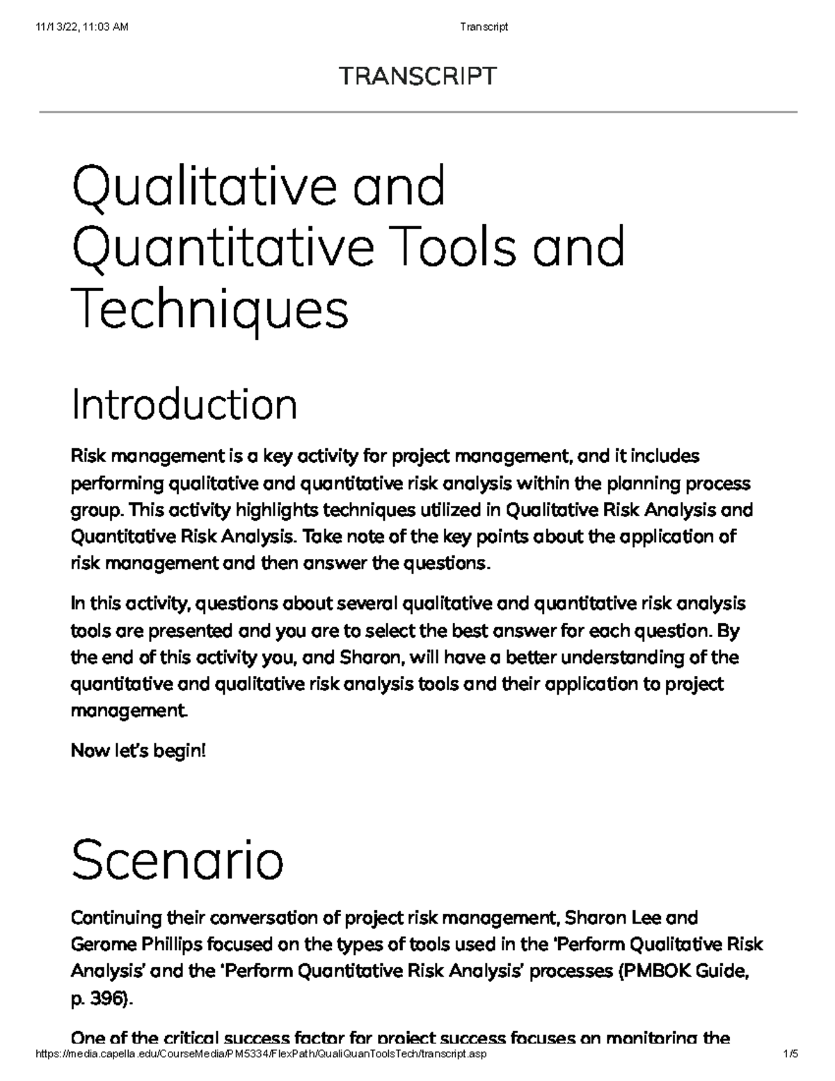 Quiz Qualitative and Quantitative Tools and Techniques - Transcript ...