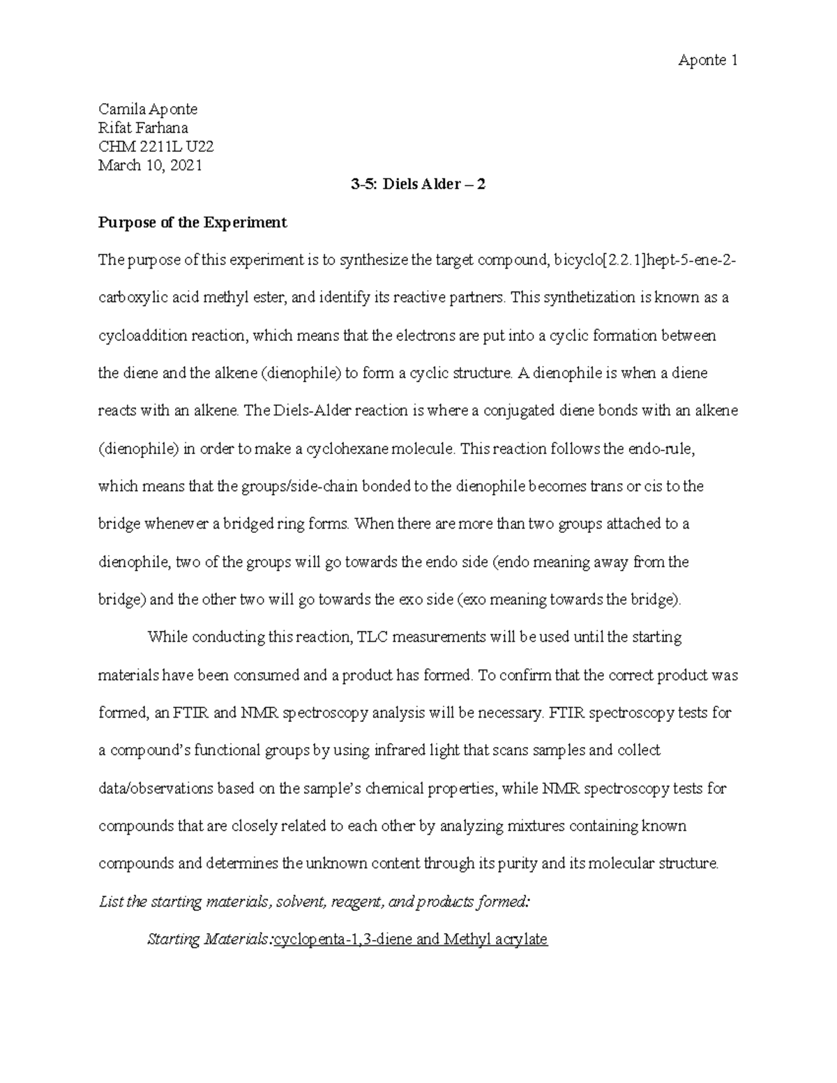 CHM2211L Lab Report 4 Diels Alder - 2 - Camila Aponte Rifat Farhana CHM ...