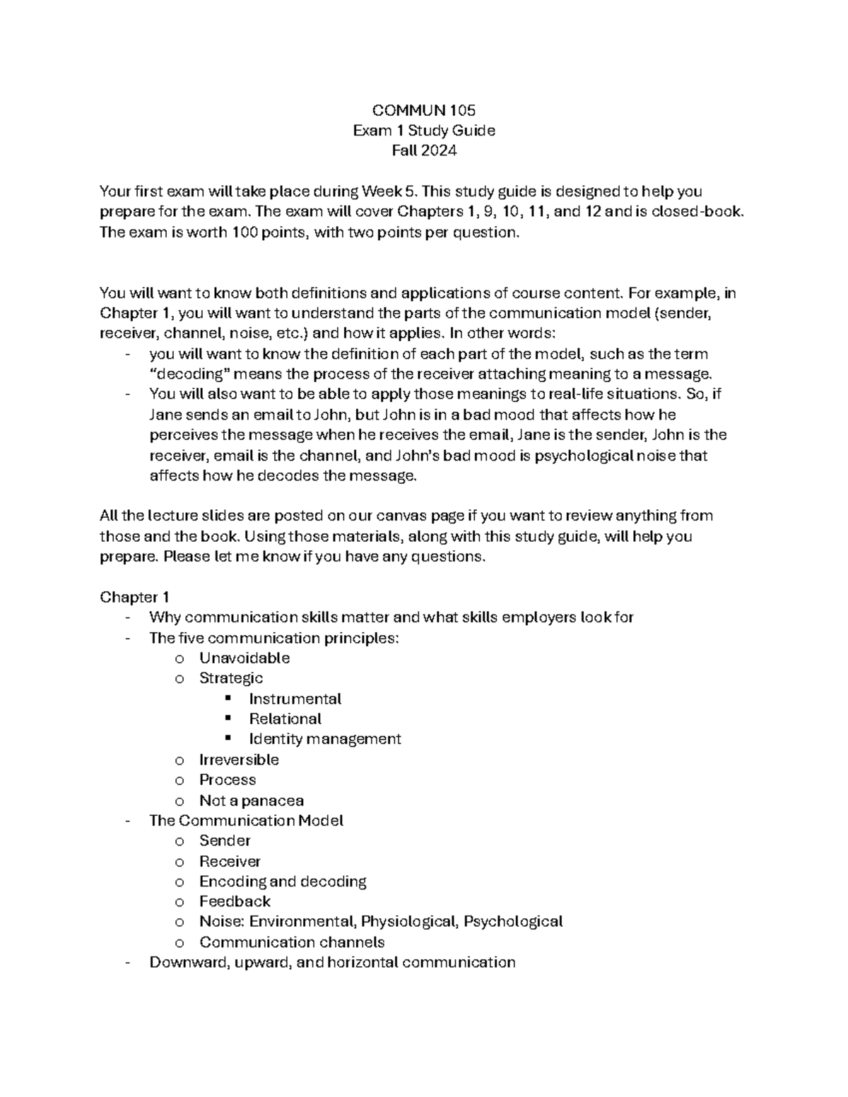 Exam 1 Study Guide Fall 2024 - COMMUN 105 Exam 1 Study Guide Fall 2024 ...