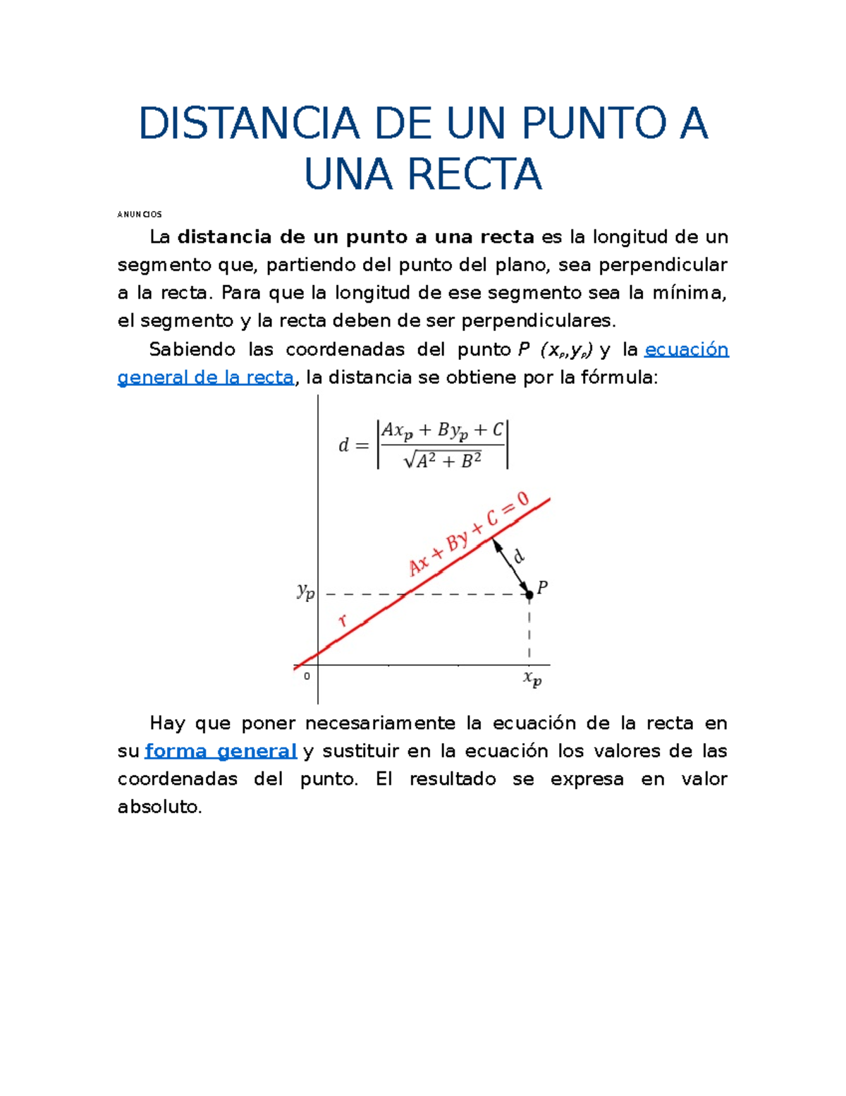 Distancia DE UN Punto A UNA Recta - DISTANCIA DE UN PUNTO A UNA RECTA ...