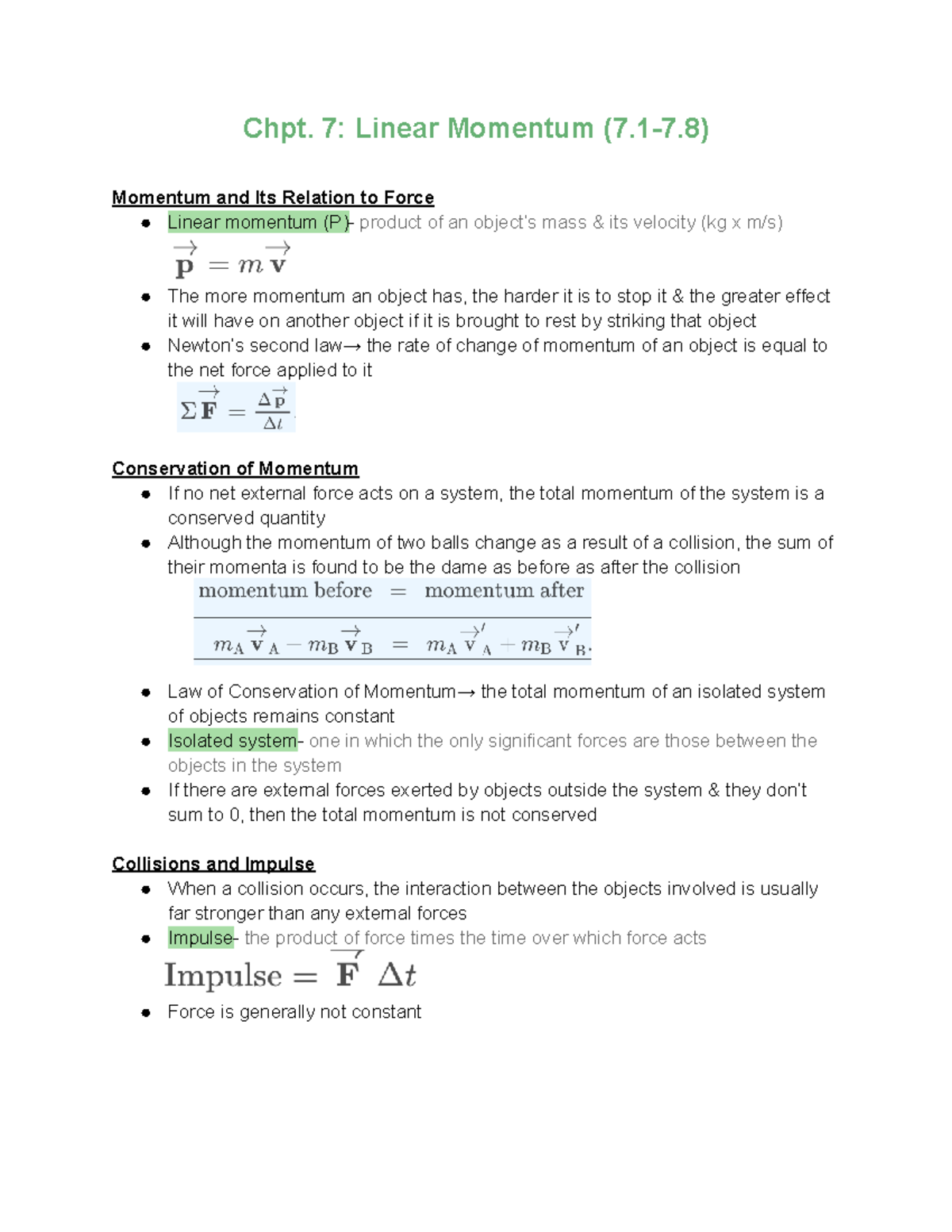 Chpt 7 notes-5 - chpt notes - Chpt. 7: Linear Momentum (7.1-7) Momentum ...