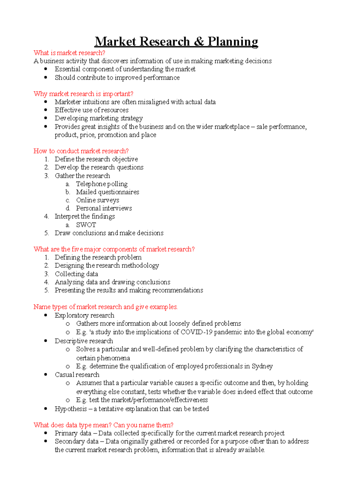 Week 2 - Market Research & Planning - Market Research & Planning What ...