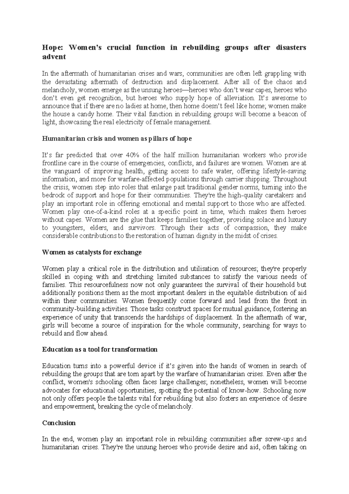 Article on humanitarian and war - Hope: Women's crucial function in ...