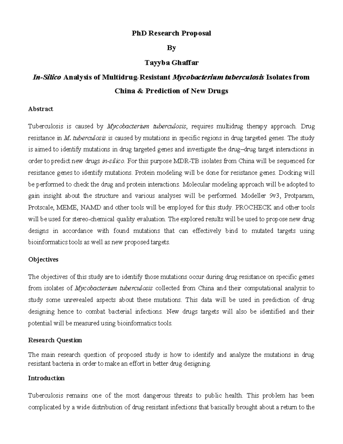 PHD research proposal for Biochemistry - PhD Research Proposal By Tayyba Ghaffar In-Silico ...