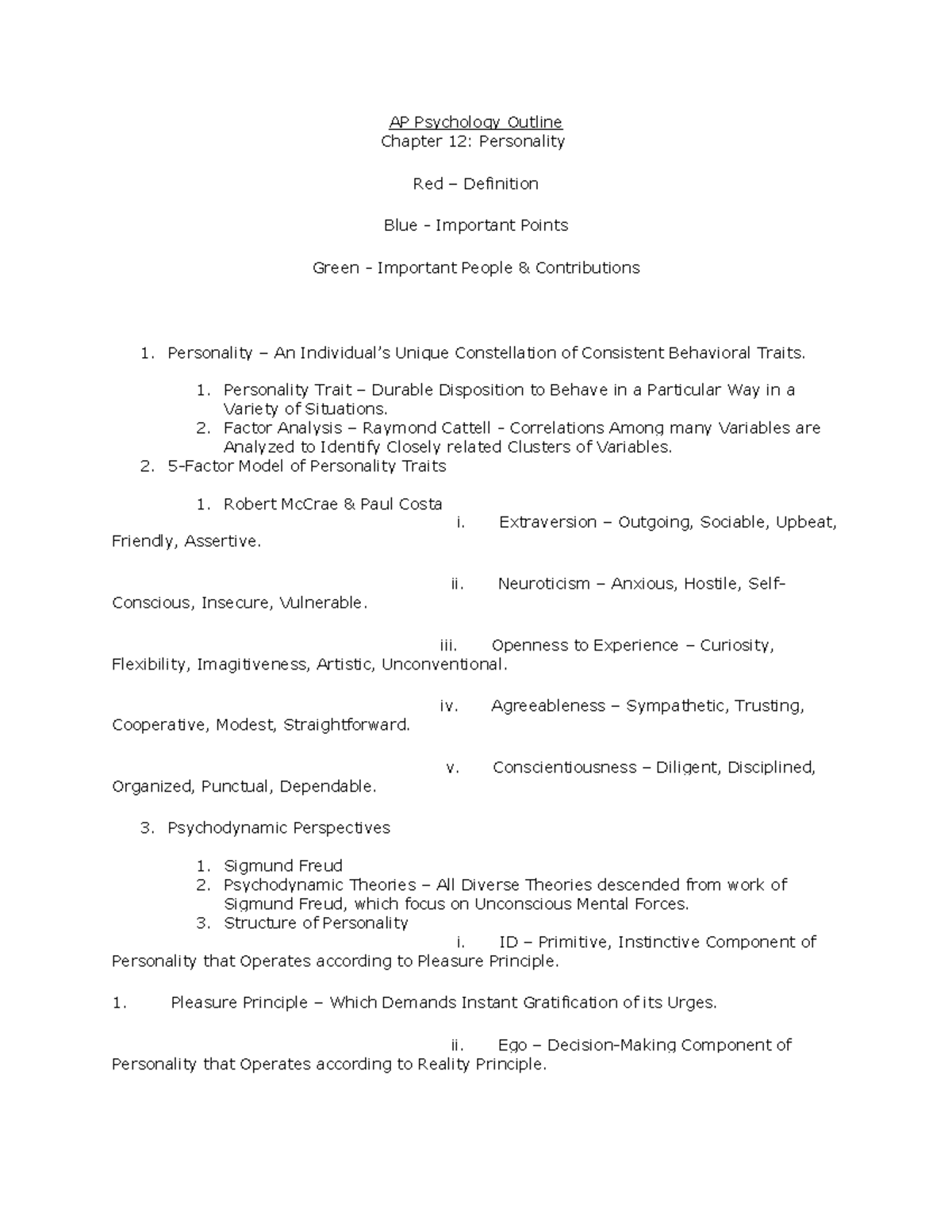 Psychology Chapter 12 - Personality - AP Psychology Outline Chapter 12 ...