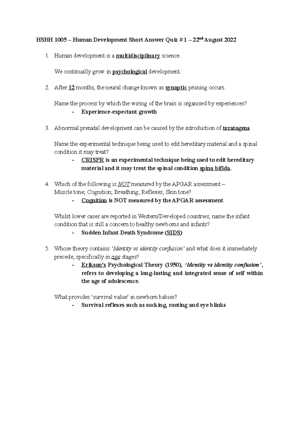 SA Quiz No 1 - HSBH 1005 - 2022 - HSBH 1005 – Human Development Short ...